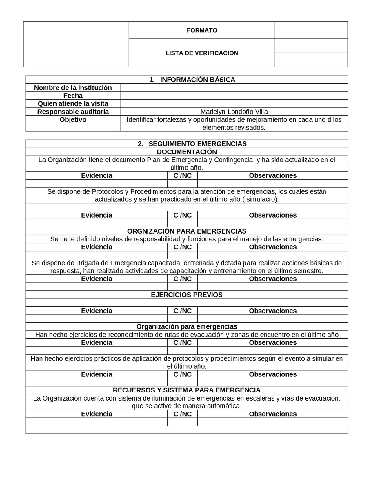 Lista de chequeo para auditorias ips | Exercises of Workplace Safety ...