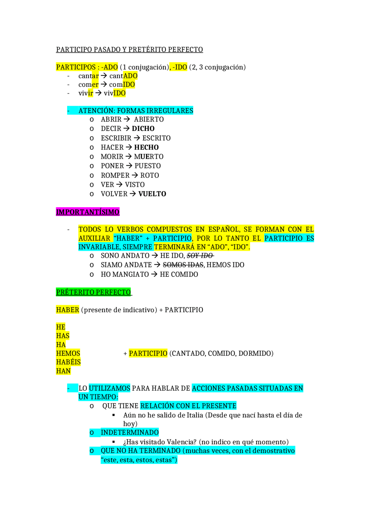 Participio pasado y preterito perfecto - Docsity