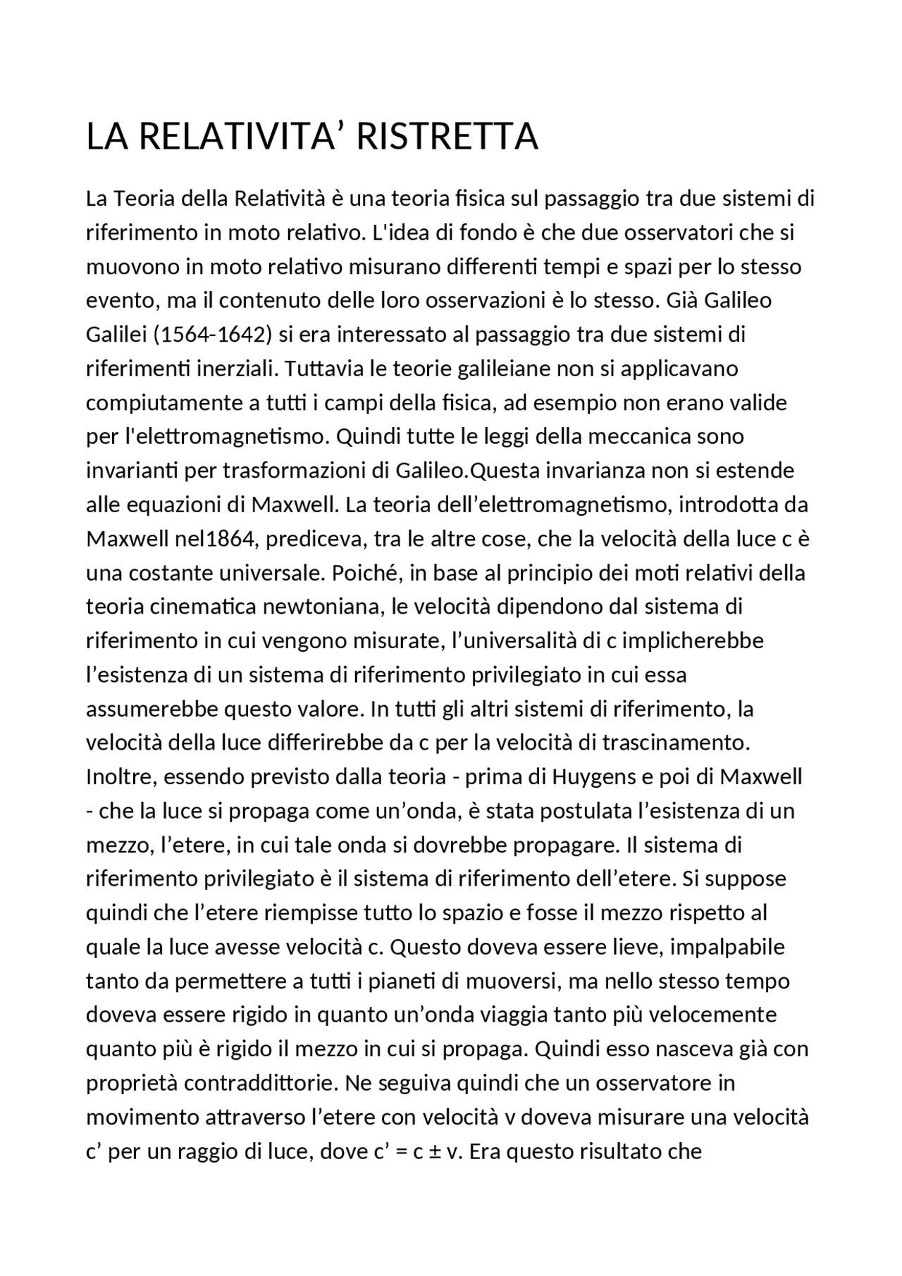 La Relativita Di Albert Einstein Appunti Di Fisica Docsity