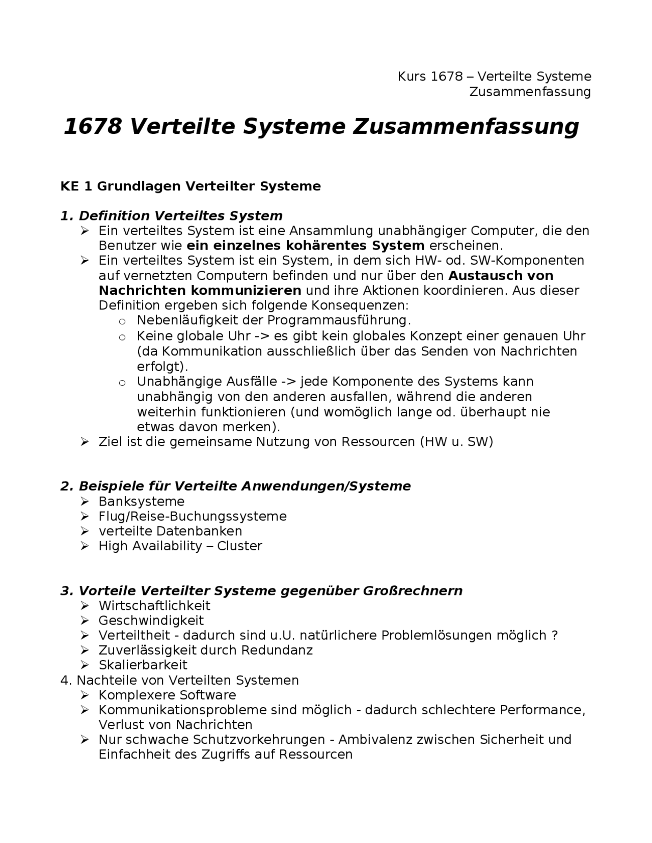 Zusammenfassung Kurs 1678 – Verteilte Systeme - Docsity