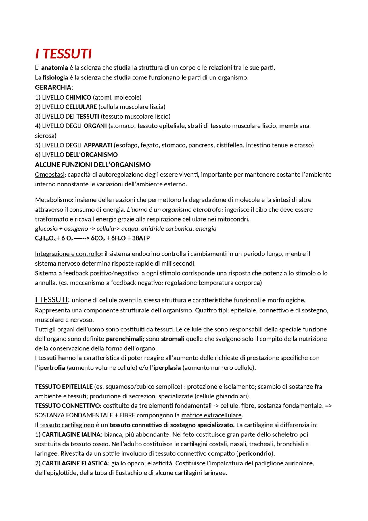 Riassunto I Tessuti Scienze Biologia Docsity