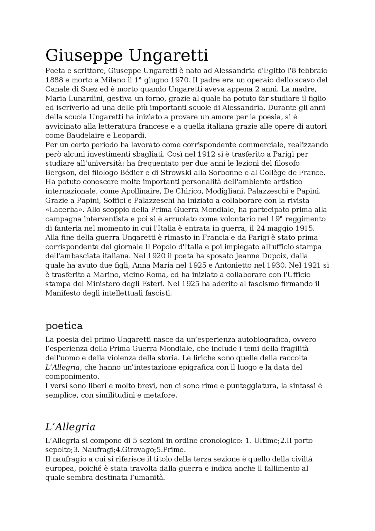 Poetica Di Giuseppe Ungaretti Docsity