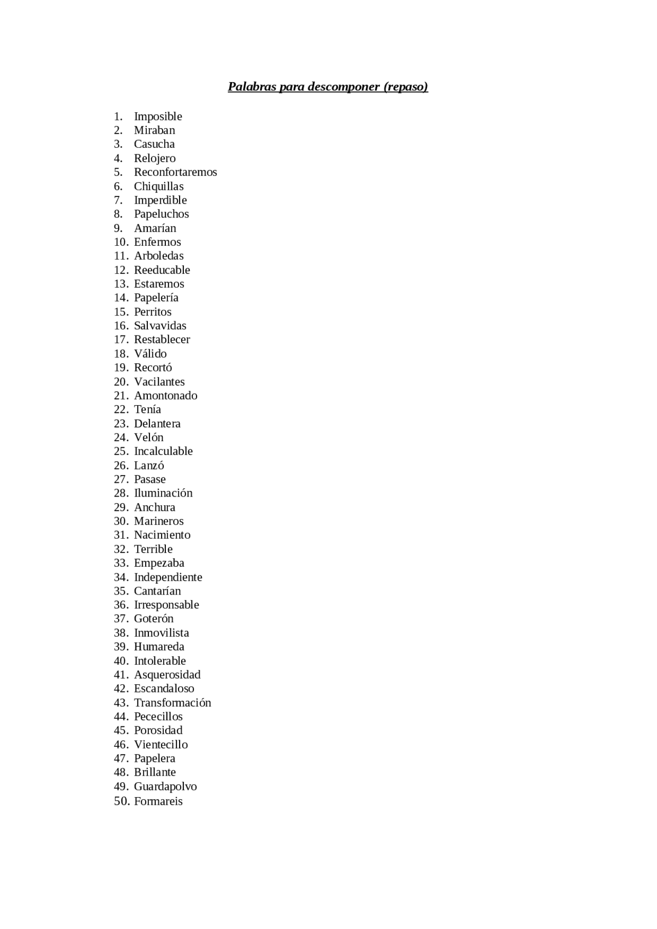 Palabras para descomponer | Ejercicios de Lengua y Literatura | Docsity