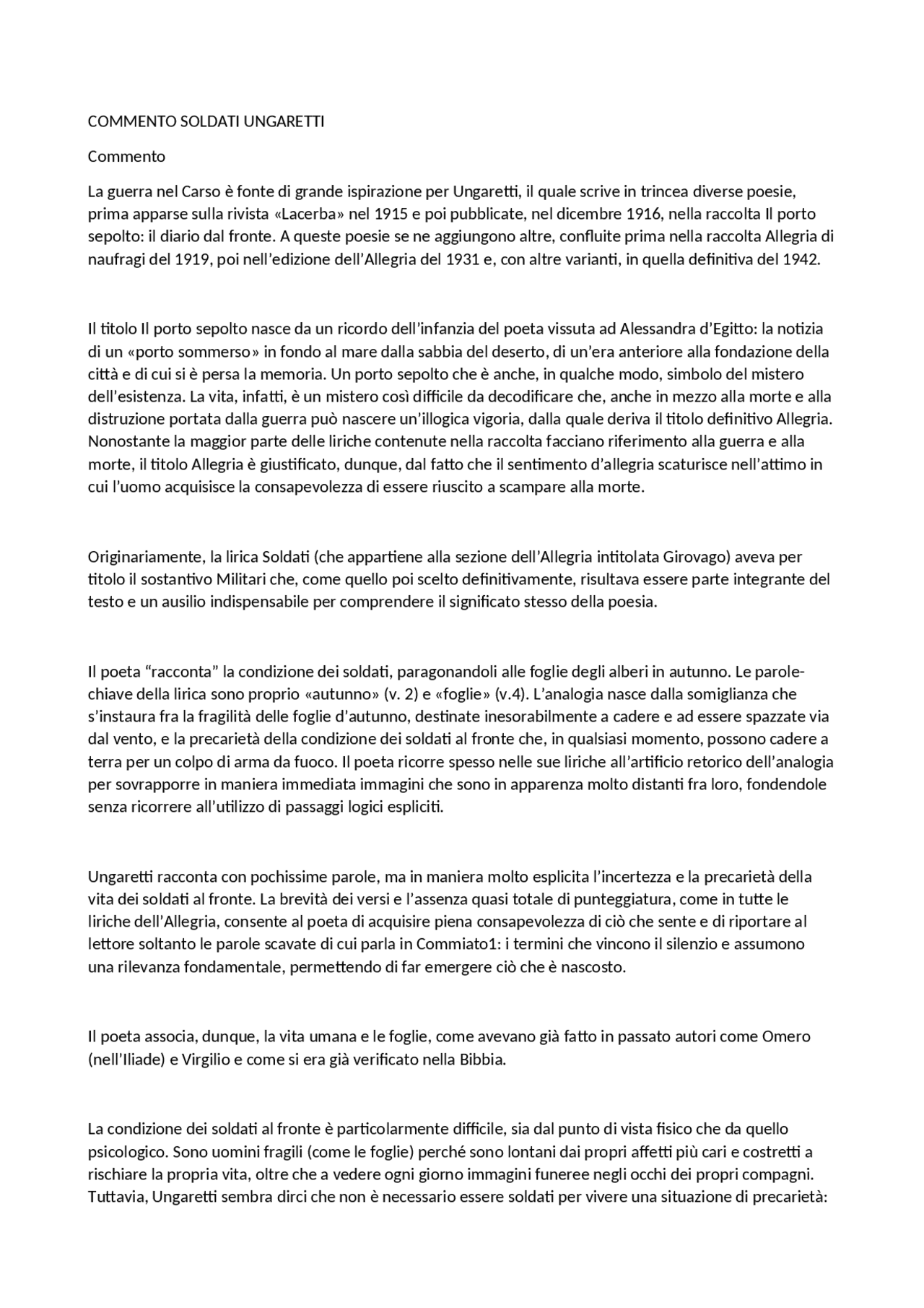 Commento Soldati Ungaretti Poesia Appunti Di Italiano Docsity