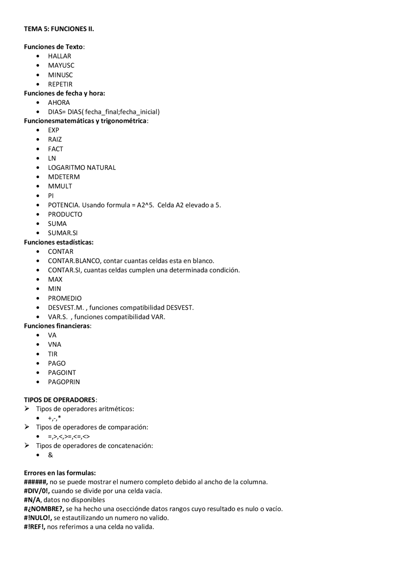 Tema 5, Fórmulas Excel | Study notes of Computer Applications | Docsity