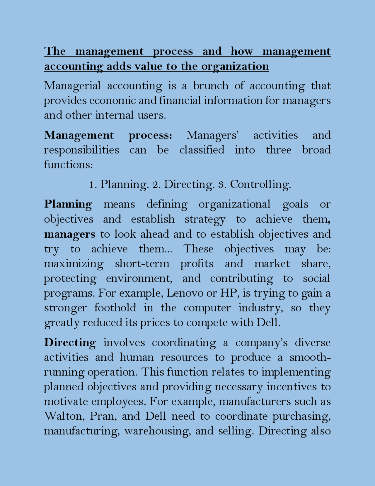 Cost management process, how MA add value to organization - Docsity