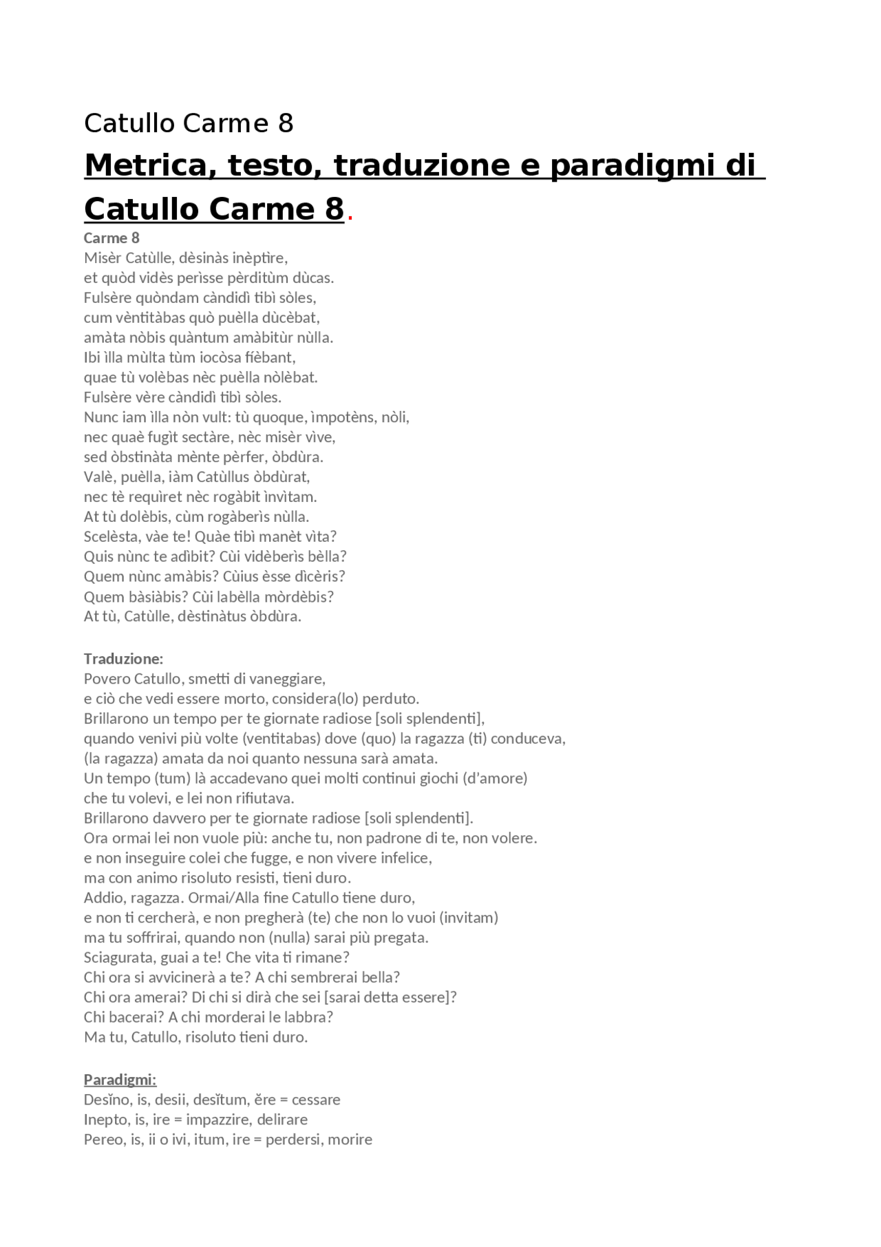 Carme 8 di catullo" miser Catullo" - Docsity