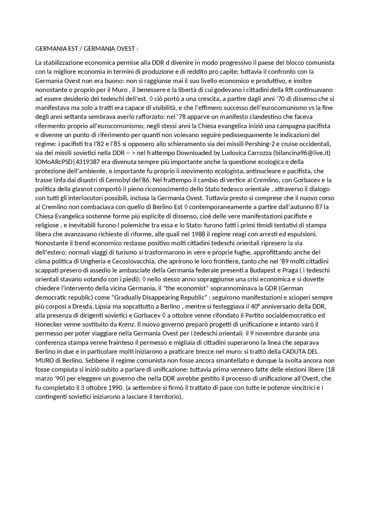 La Germania Est e Ovest per Storia Europa Orientale - Docsity