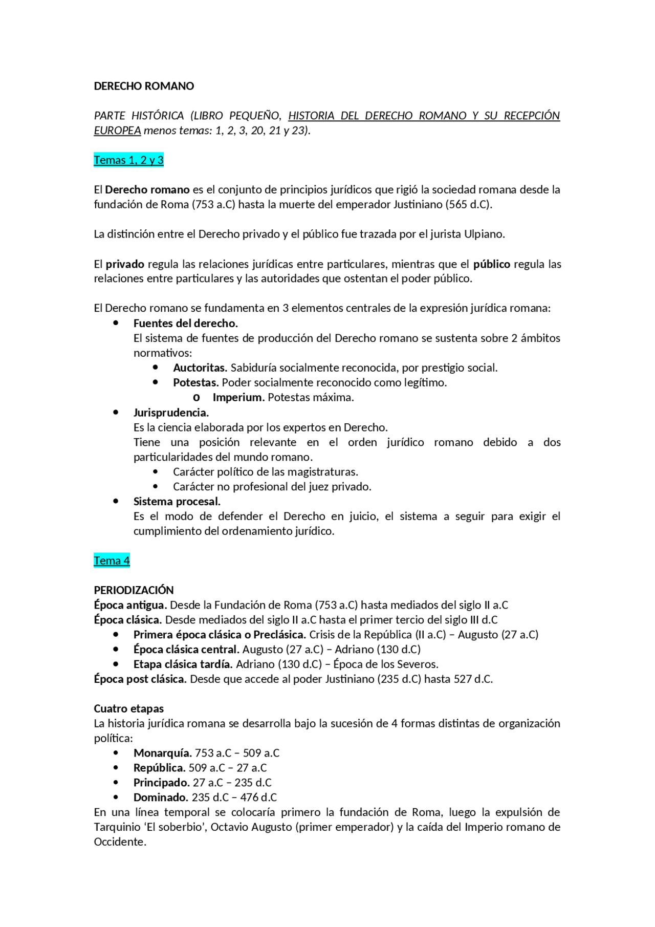 Derecho Romano. Parte histórica. | Notes de Droit Romain | Docsity