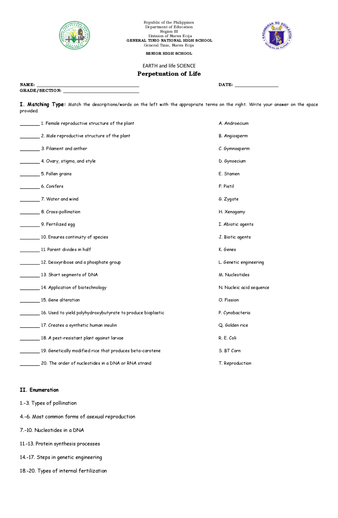 Perpetuation of life activity sheets | Assignments Earth science | Docsity