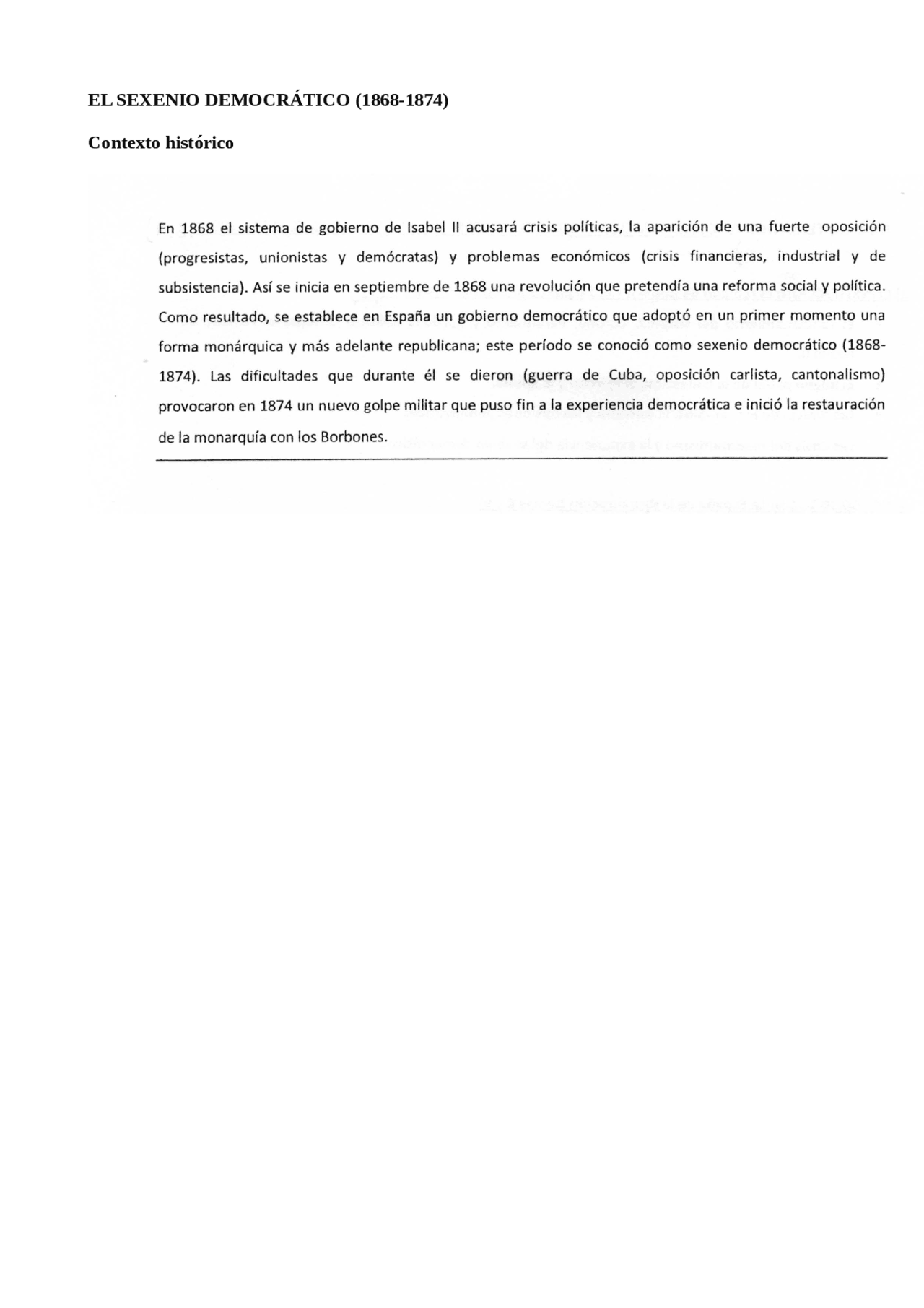 Contexto historico de el sexenio democratico - Docsity
