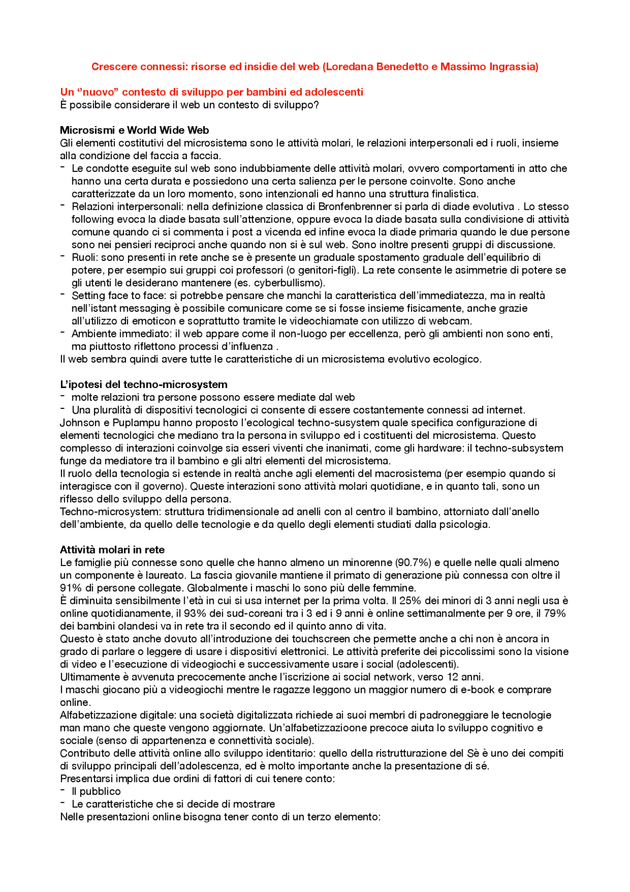 Crescere connessi: risorse ed insidie del web. Riassunto del capitolo ...