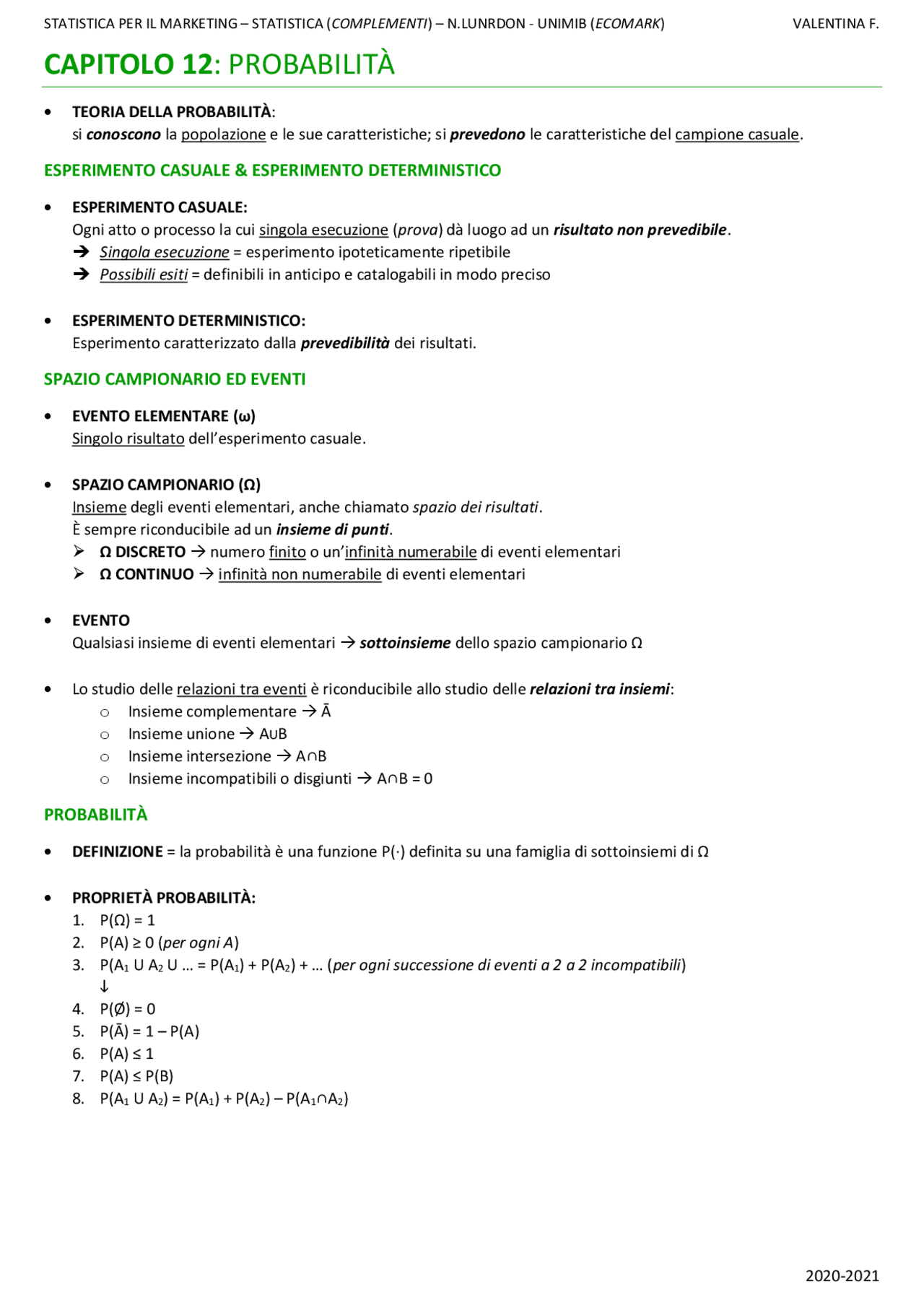 Statistica (complementi) - UNIMIB (ECOMARK) - Docsity