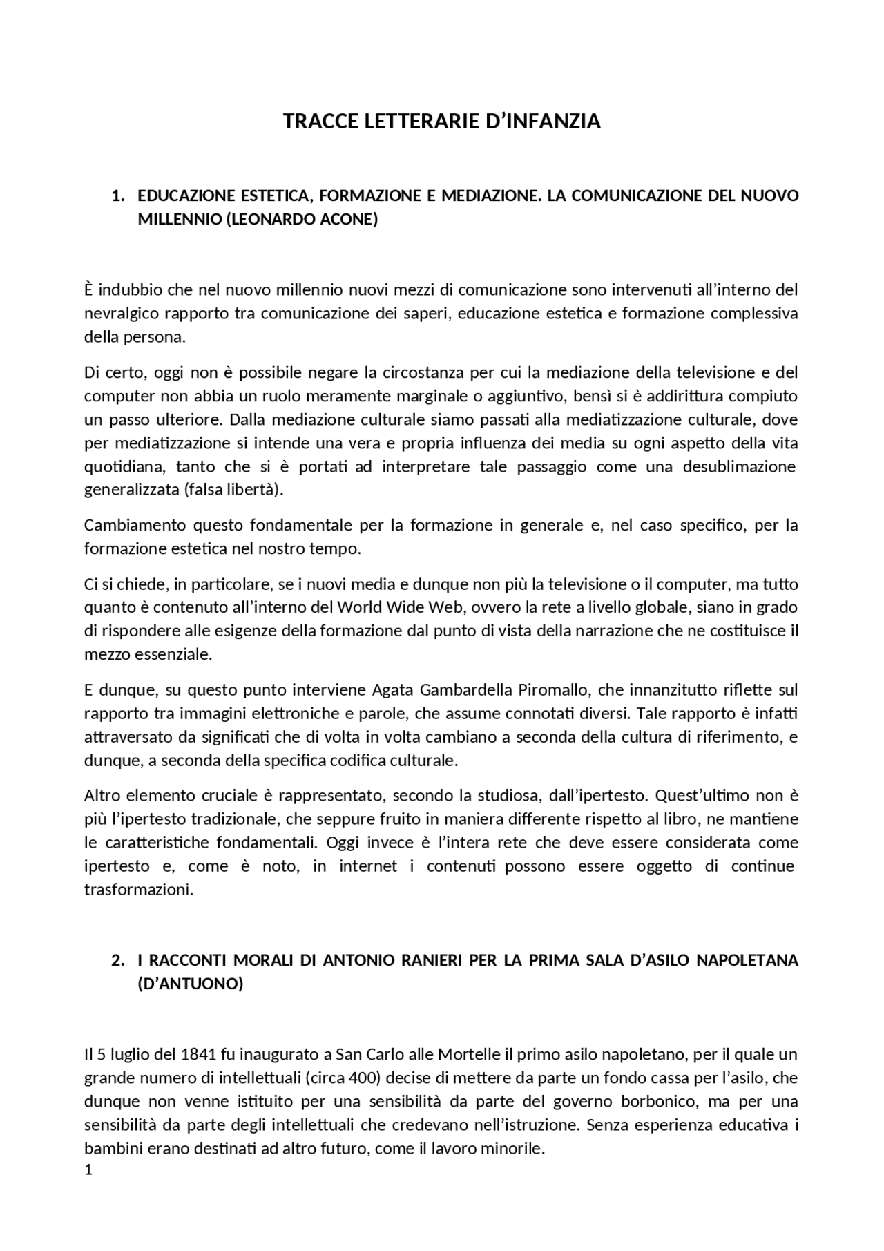 Tracce Letterarie Dinfanzia Docsity