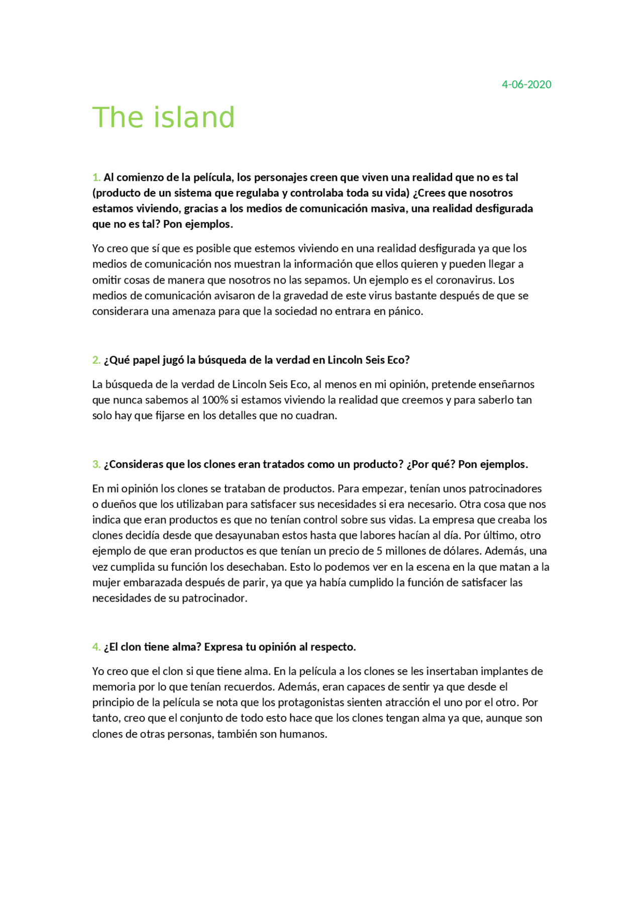 Análisis pelicula the island | Apuntes de Biología | Docsity