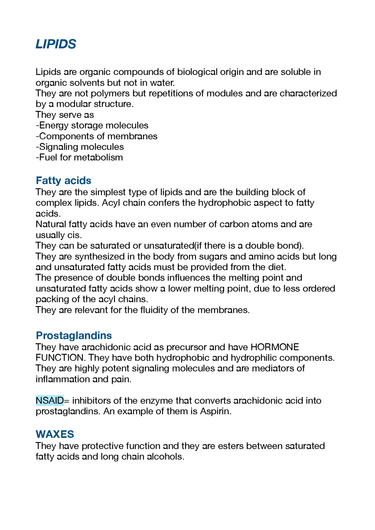 Lipids-summary and key points - Docsity