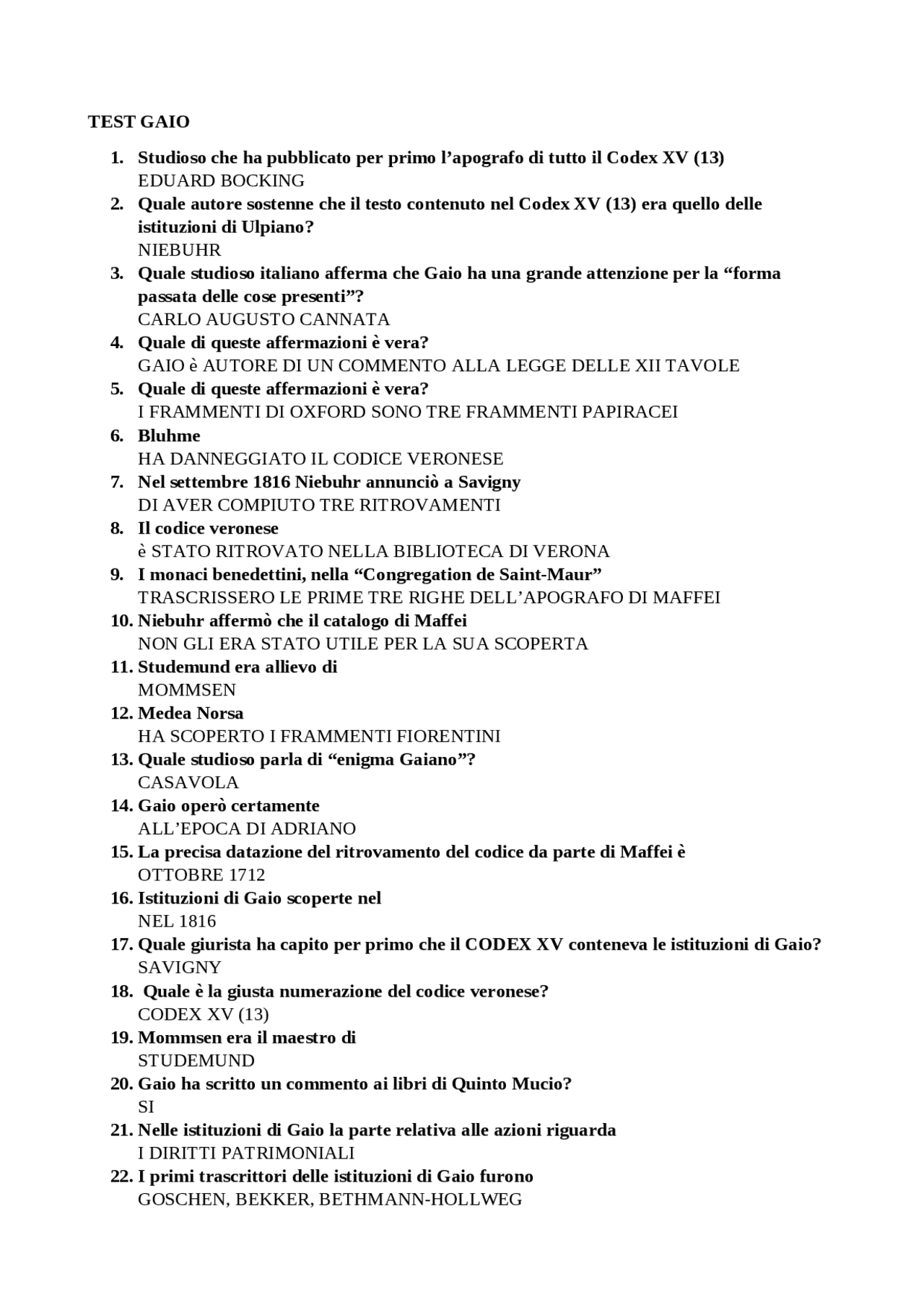Domande Test Gaio Diritto Romano Docsity