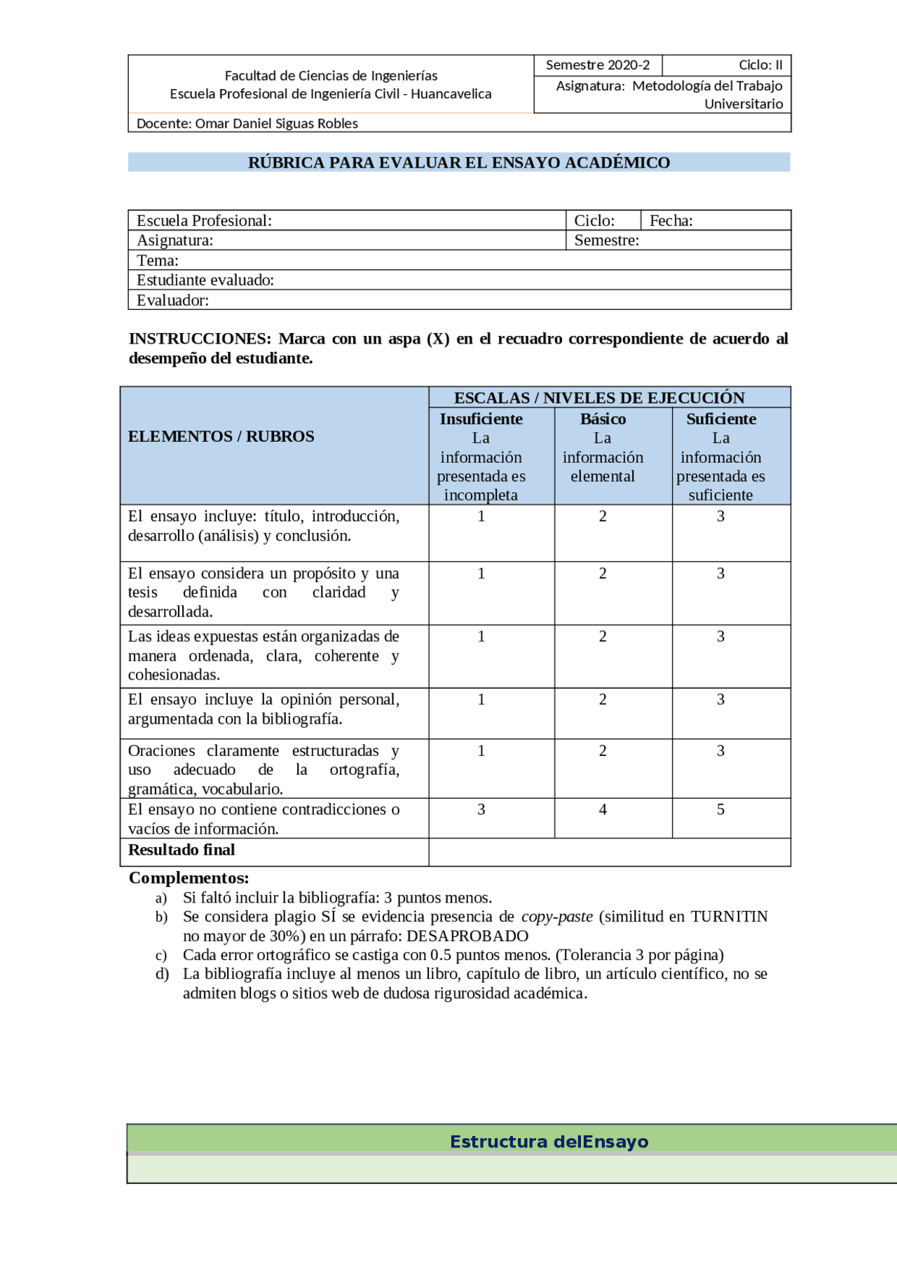 RÚBRICA PARA EVALUAR EL ENSAYO ACADÉMICOEscue - Docsity