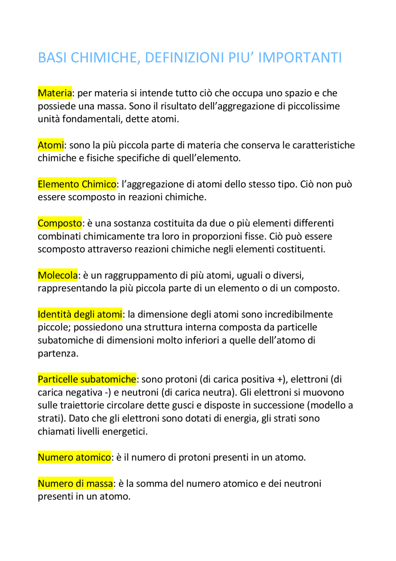 Basi Chimiche Definizioni Principali Docsity