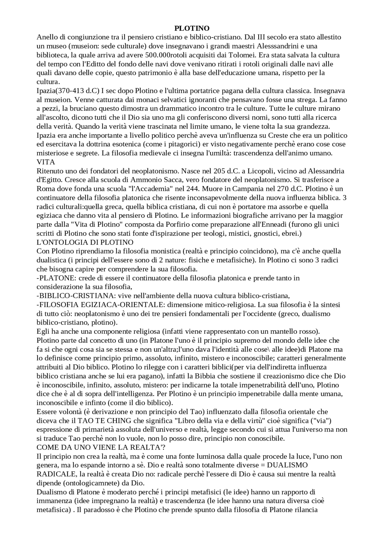 Plotino e la sua filosofia - Docsity