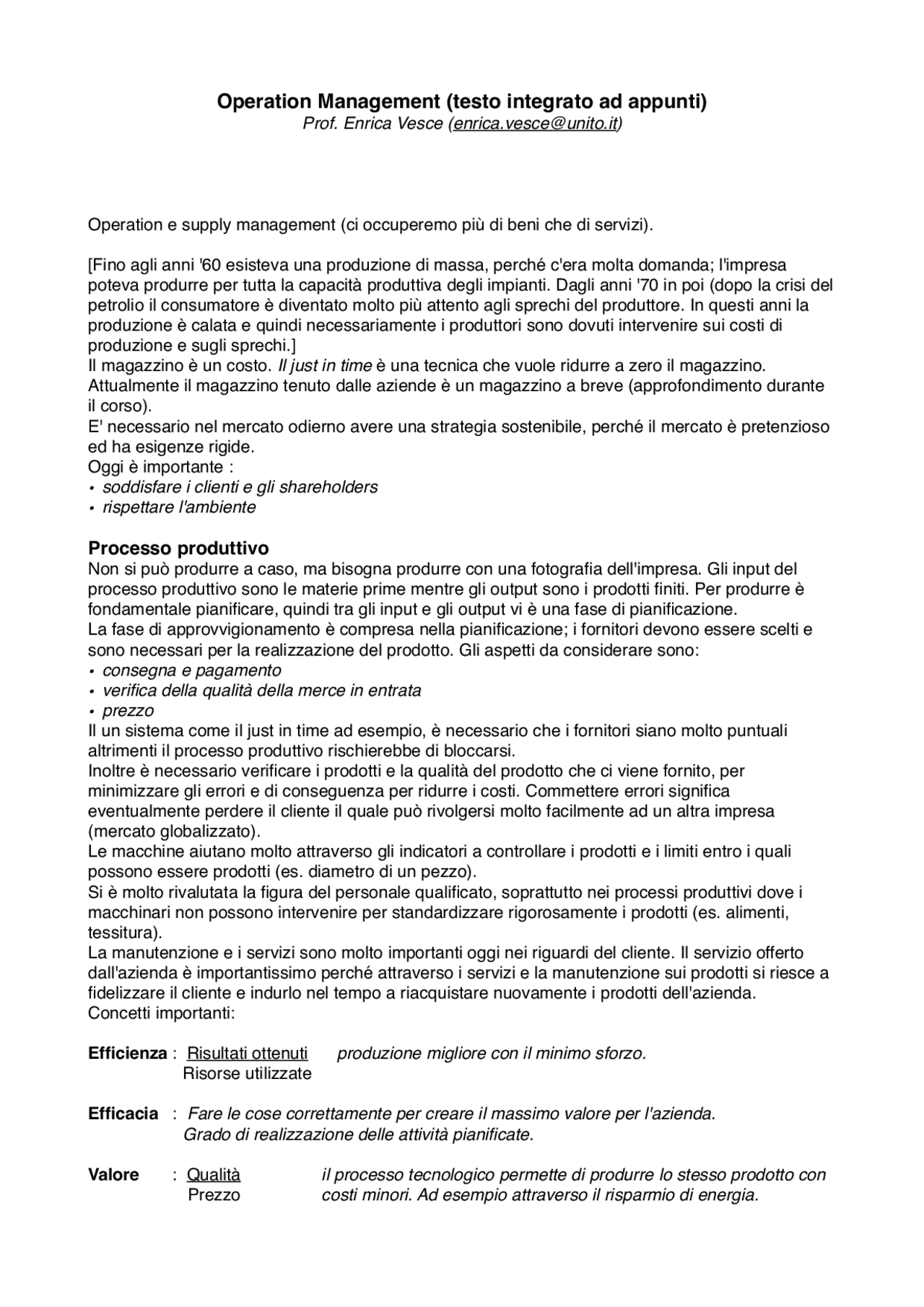 Schemi operation management | Appunti di Gestione Delle Operations | Docsity