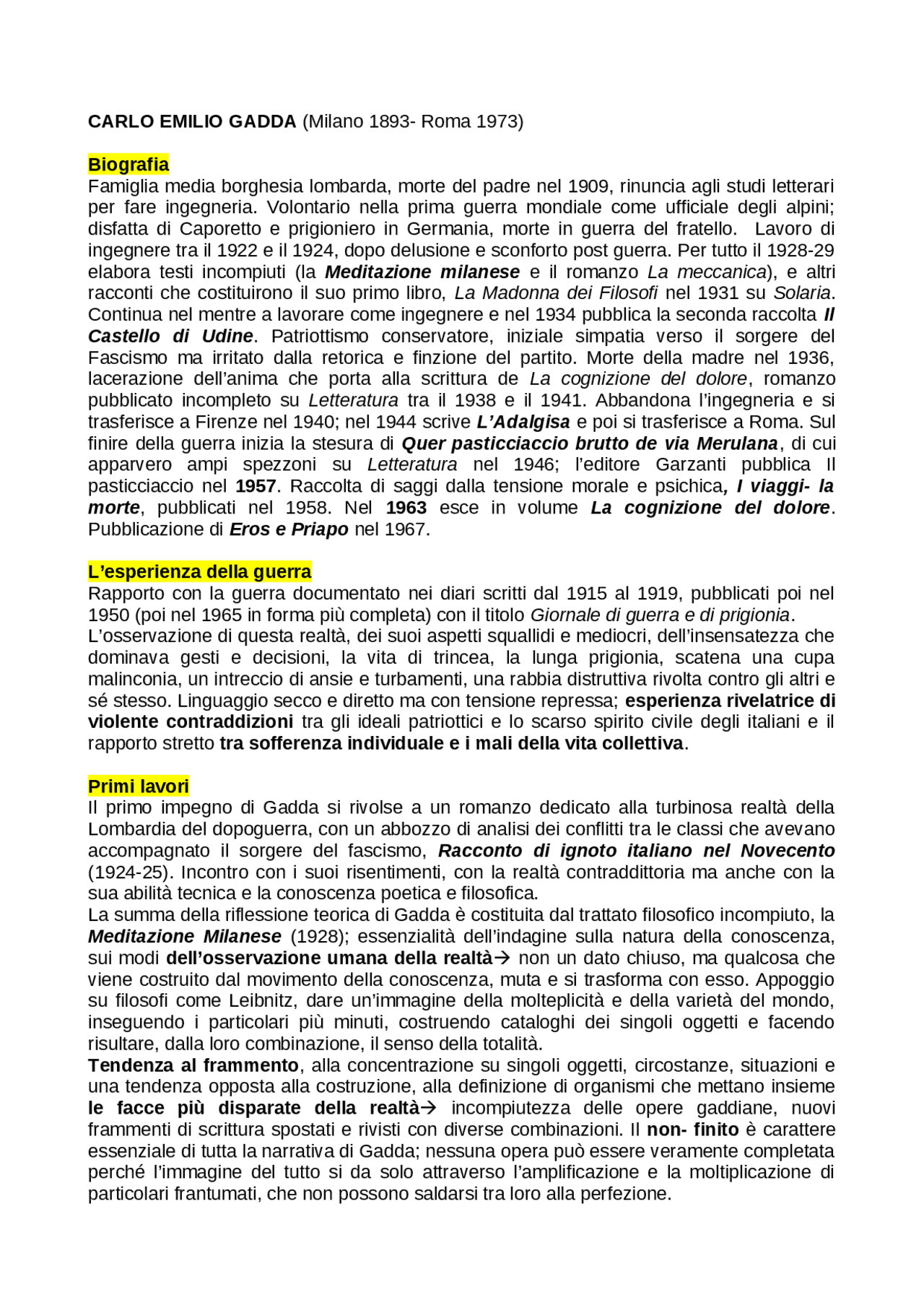 Biografia Carlo Emilio Gadda Docsity