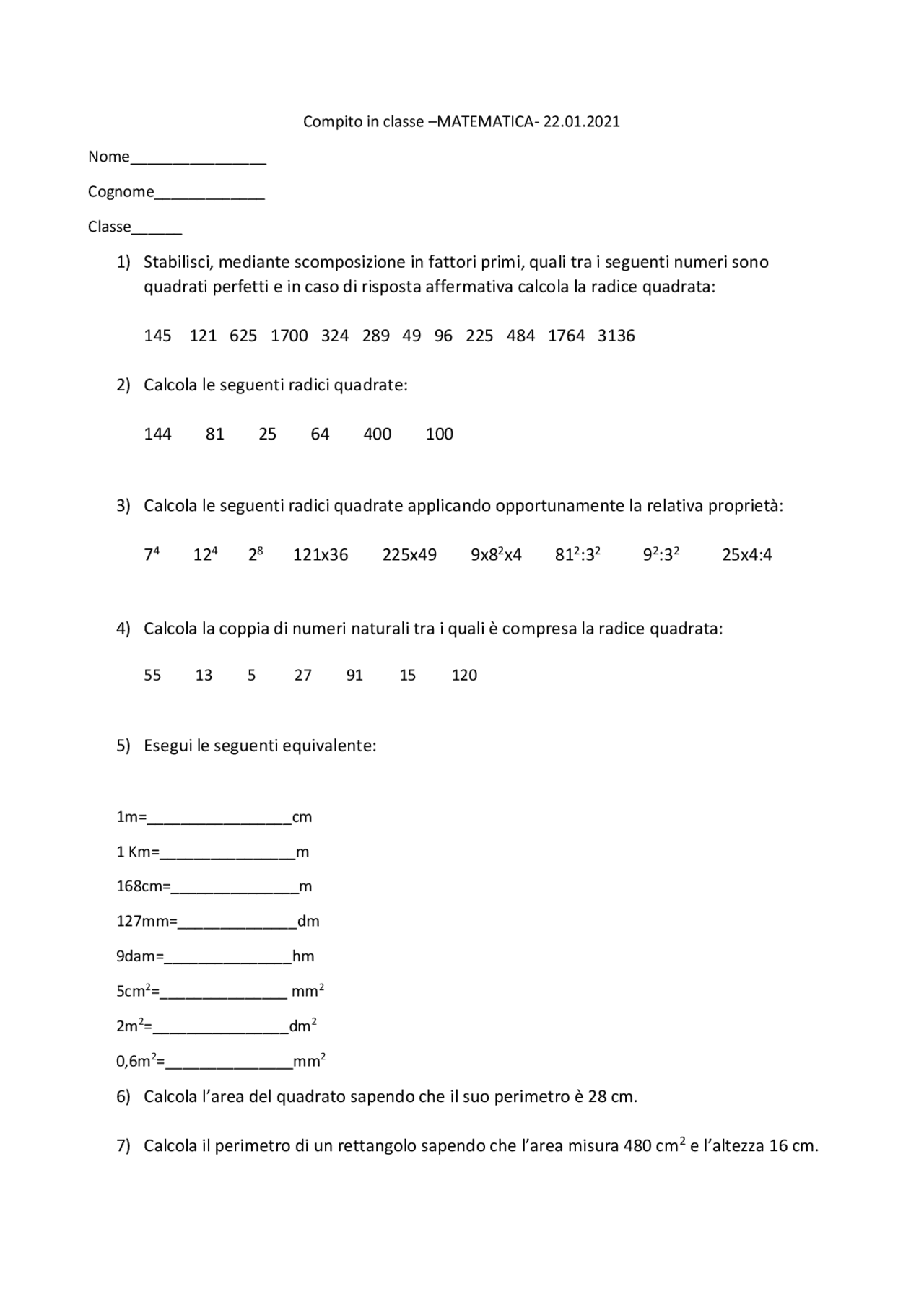 Compito di matematica - Docsity