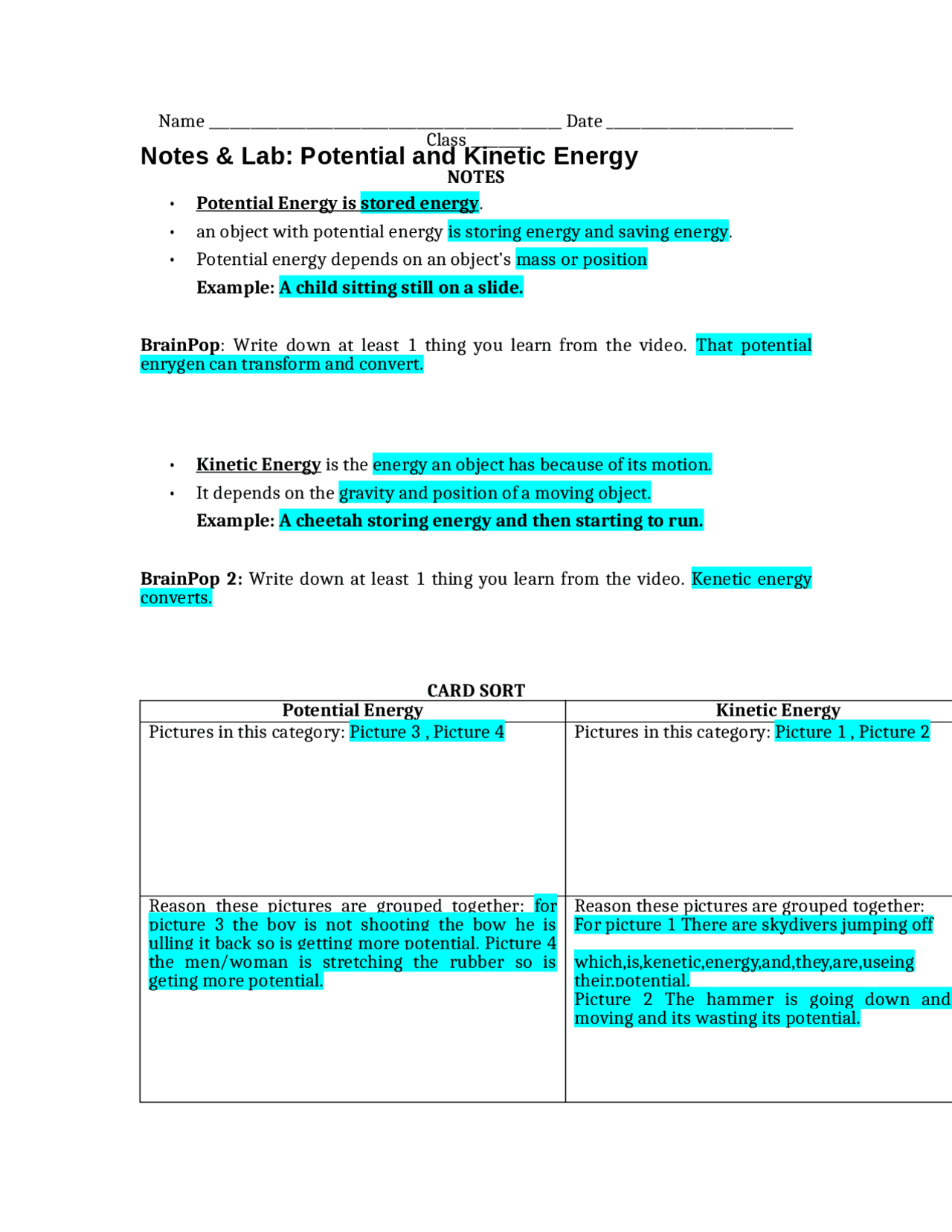 Notes on Potential and Kinetic Energy: Understanding Energy ...