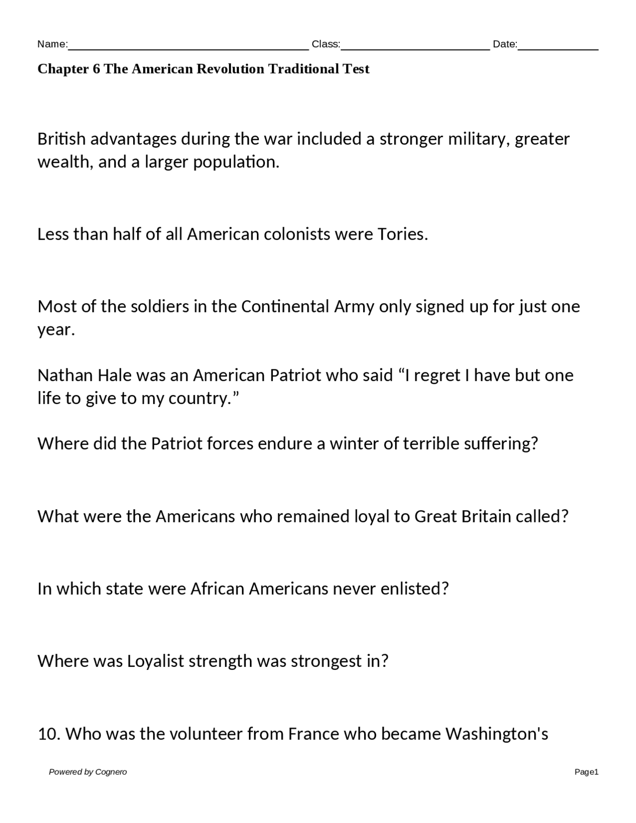 The American Revolution Traditional Test - Docsity