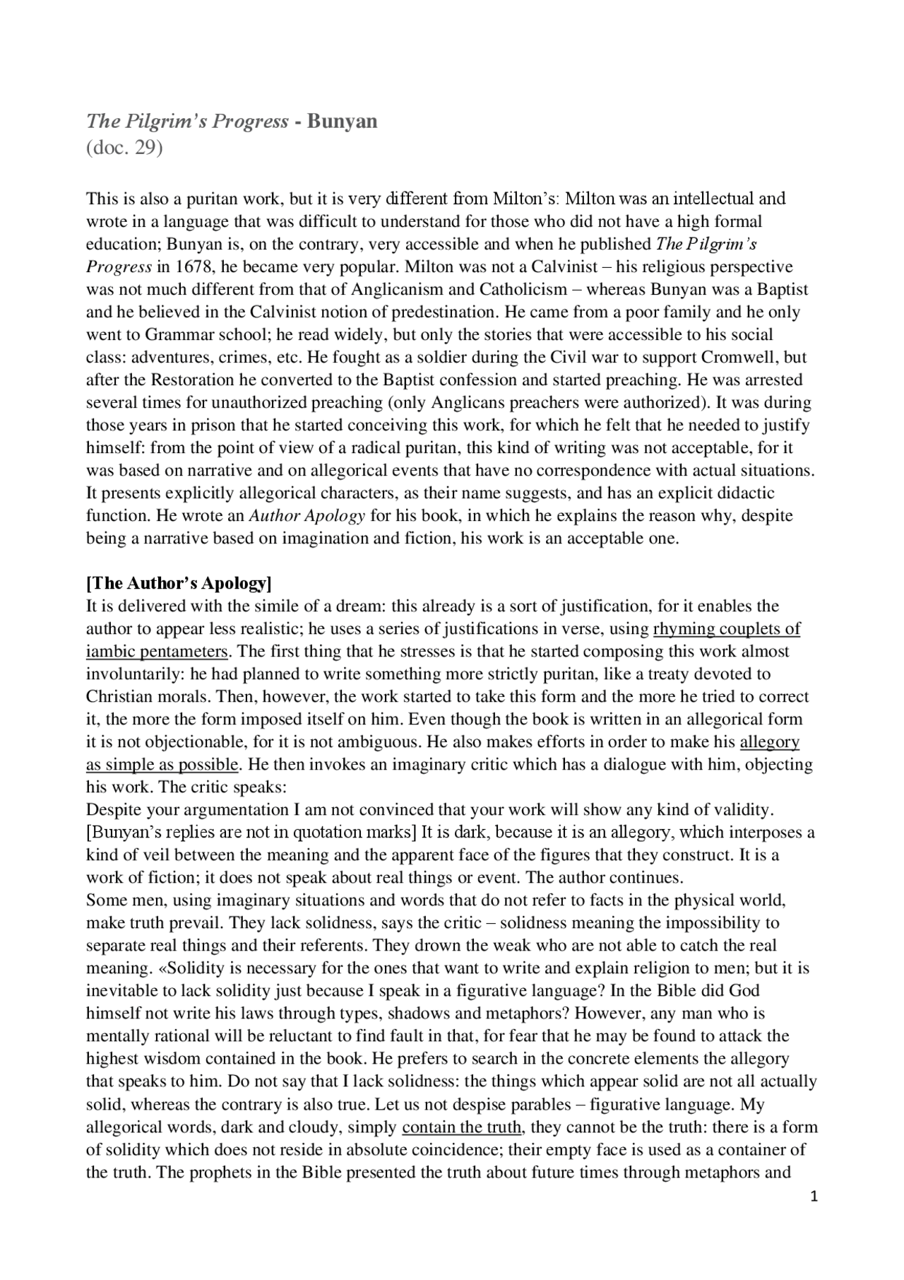 Milton - The Pilgrim's Progress - FOLENA - Docsity