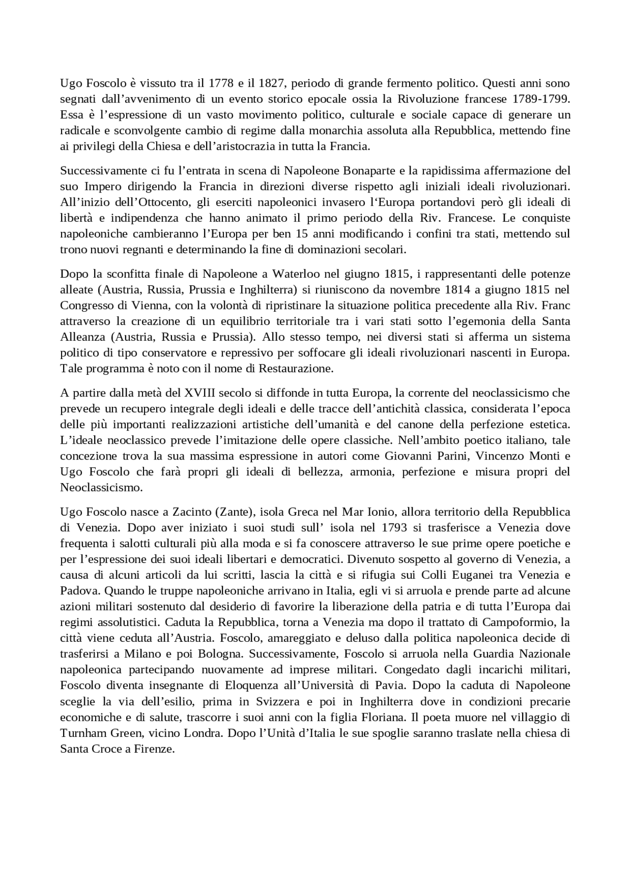 Vita In Breve Di Ugo Foscolo Docsity