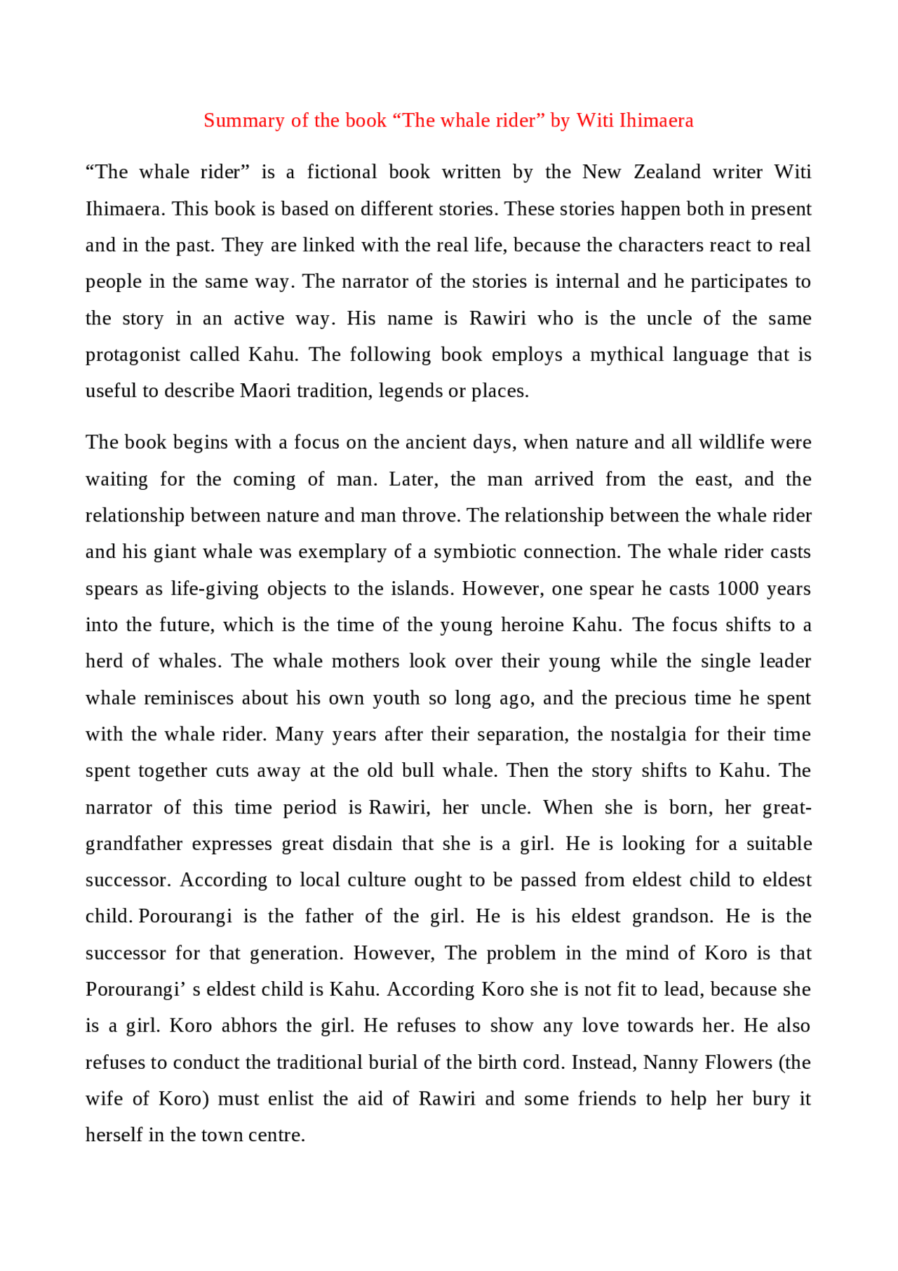 Summary of the book "The whale rider" by Witi Ihimaera - Docsity