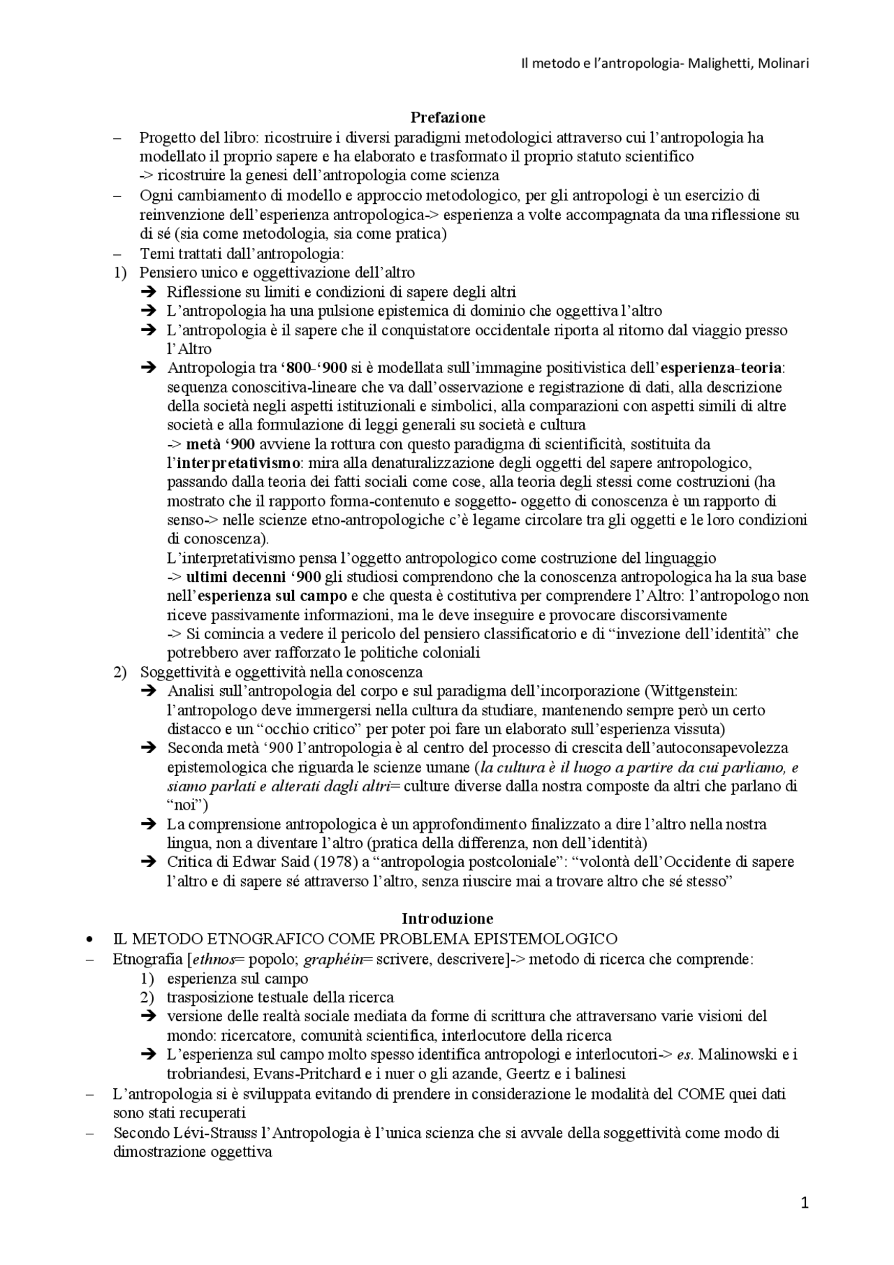 Il metodo e l'antropologia- Malighetti, Molinari - Docsity