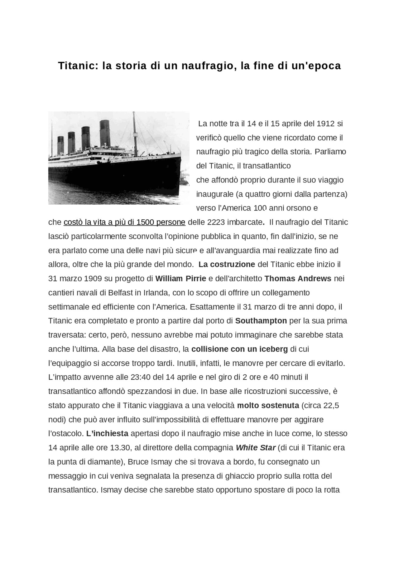 La Storia Di Titanic Docsity