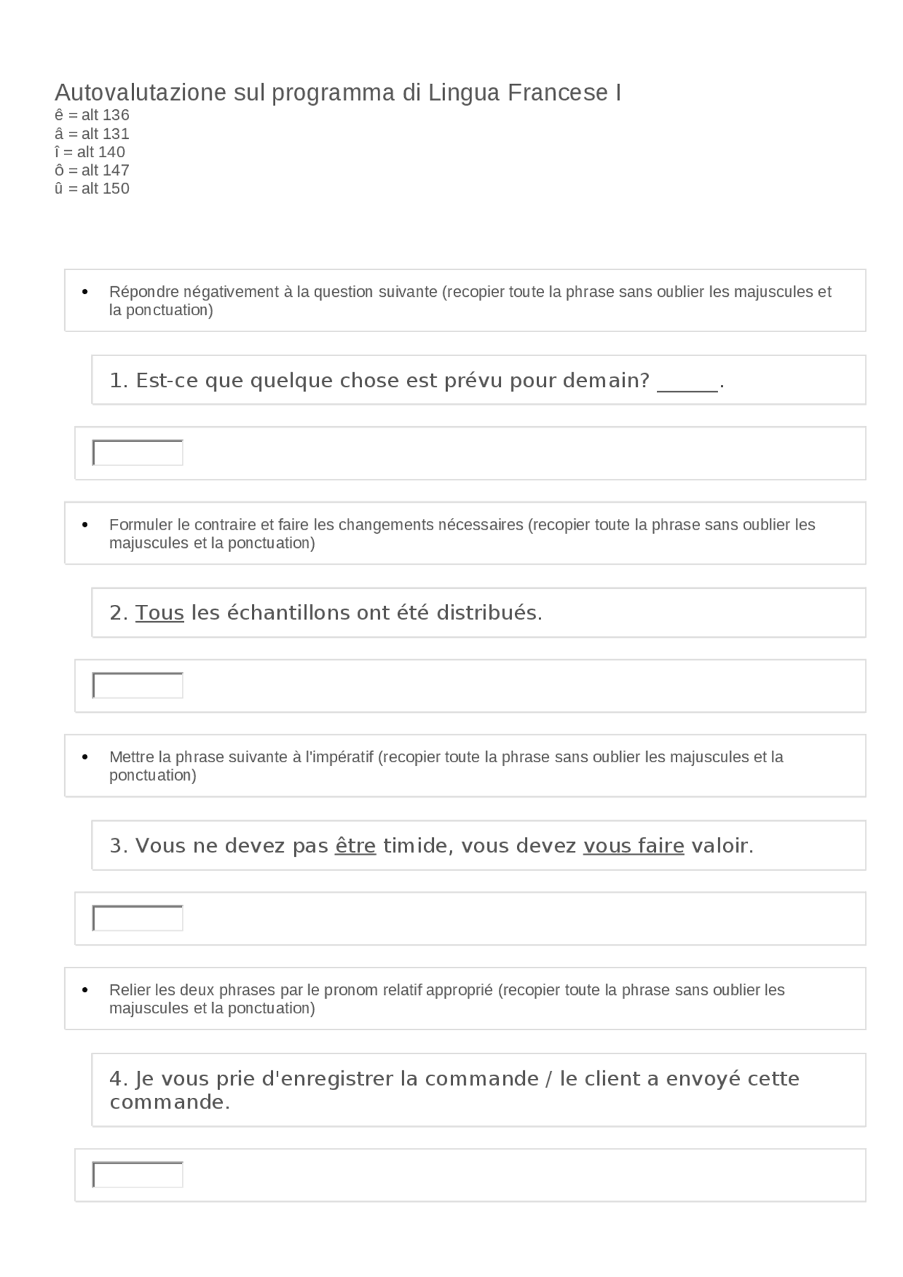Test Autovalutazione Lingua Francese 1 Docsity