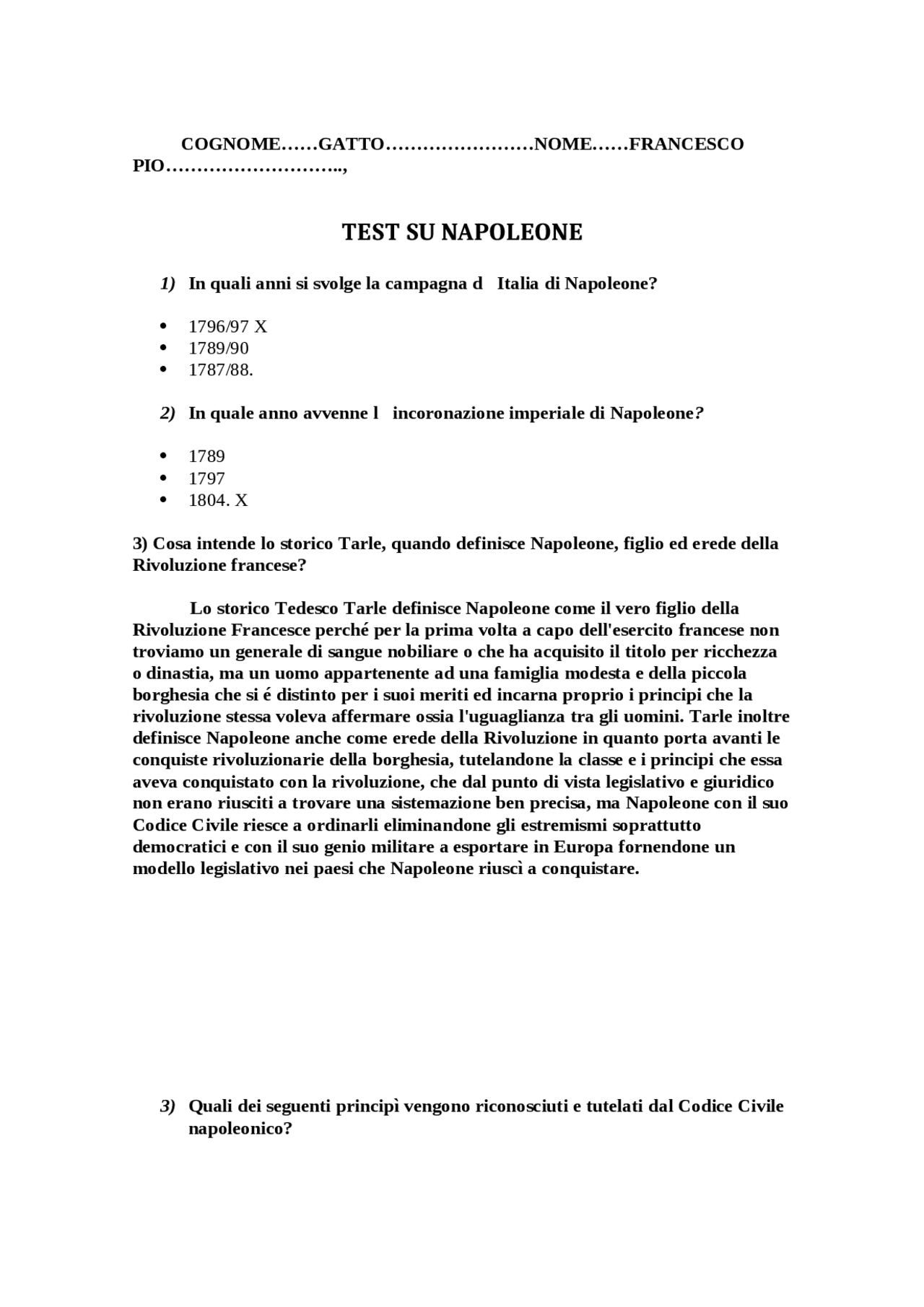 Test di storia su Napoleone molto efficace - Docsity