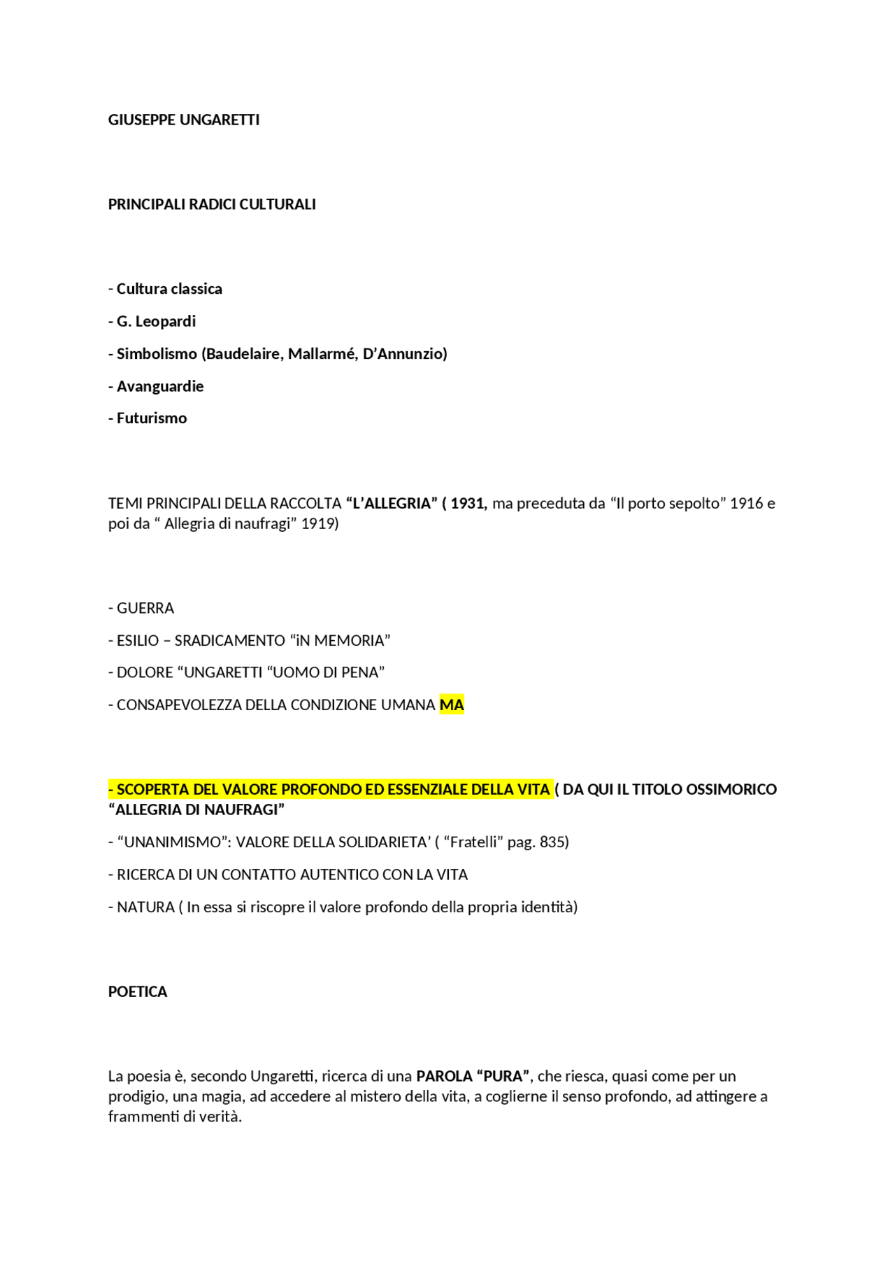 Scheda Riassuntiva Ungaretti Docsity