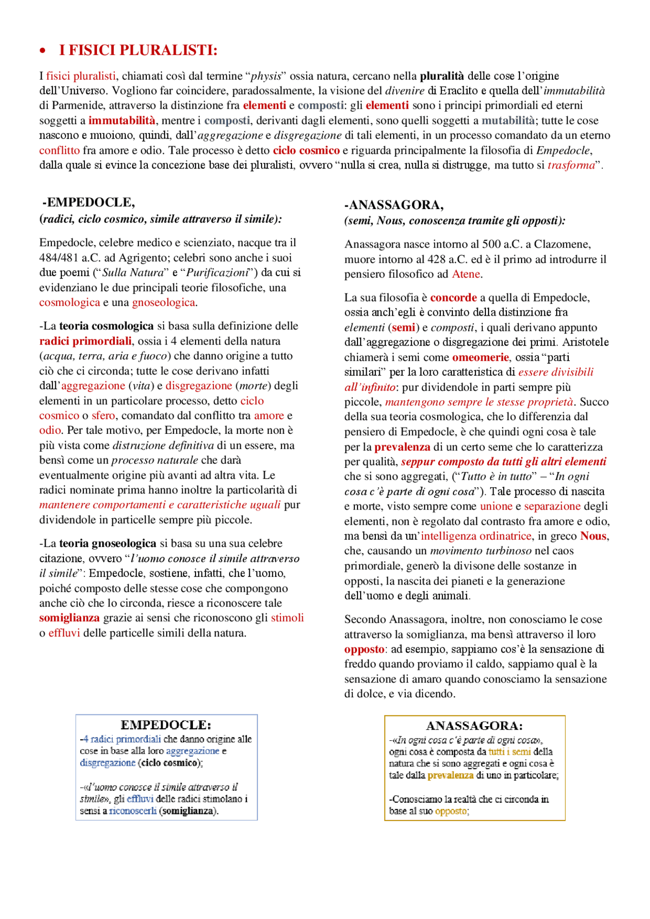 I FISICI PLURALISTI - Filosofi Empedocle, Anassagora e Democrito. - Docsity