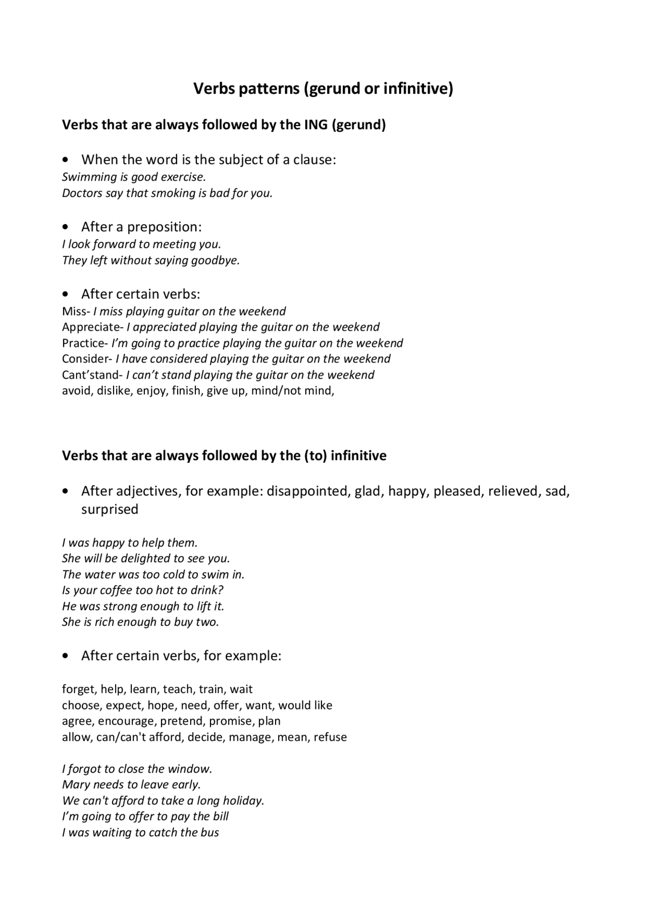 English Verb Patterns - Docsity