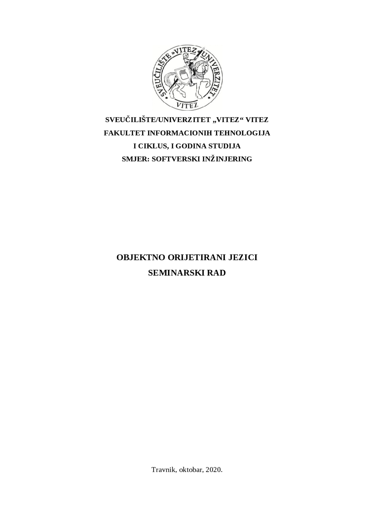 Objektno-orjentisani programski jezici | Seminarski radovi' predlog Informatika | Docsity