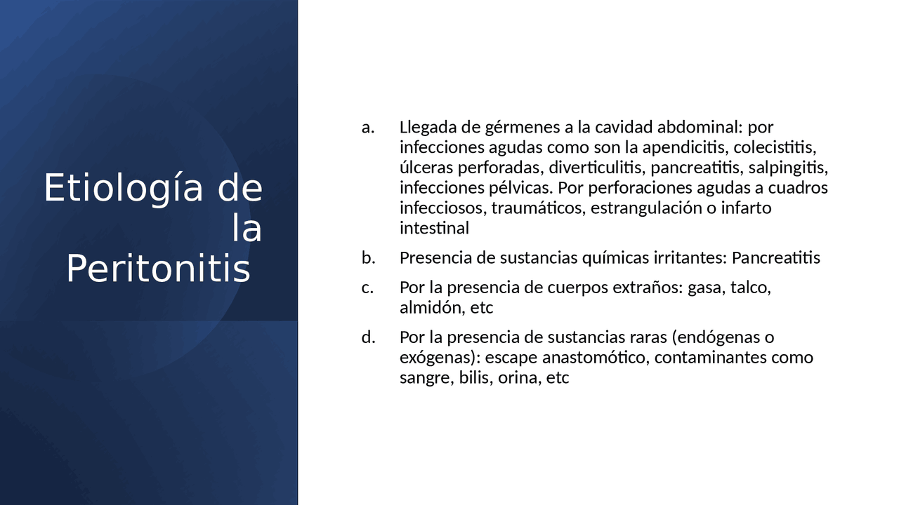 Etiologia de la peritonitis | Diapositivas de Cirugía General | Docsity