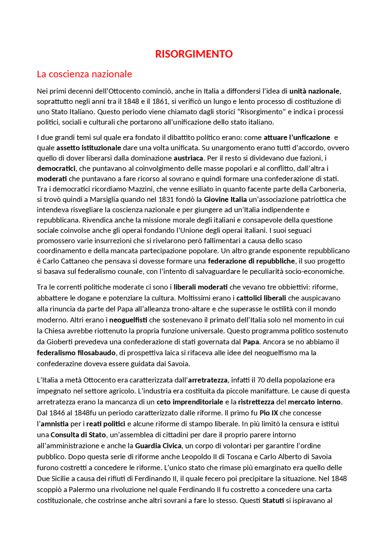 Riassunto sul Risorgimento italiano - Docsity