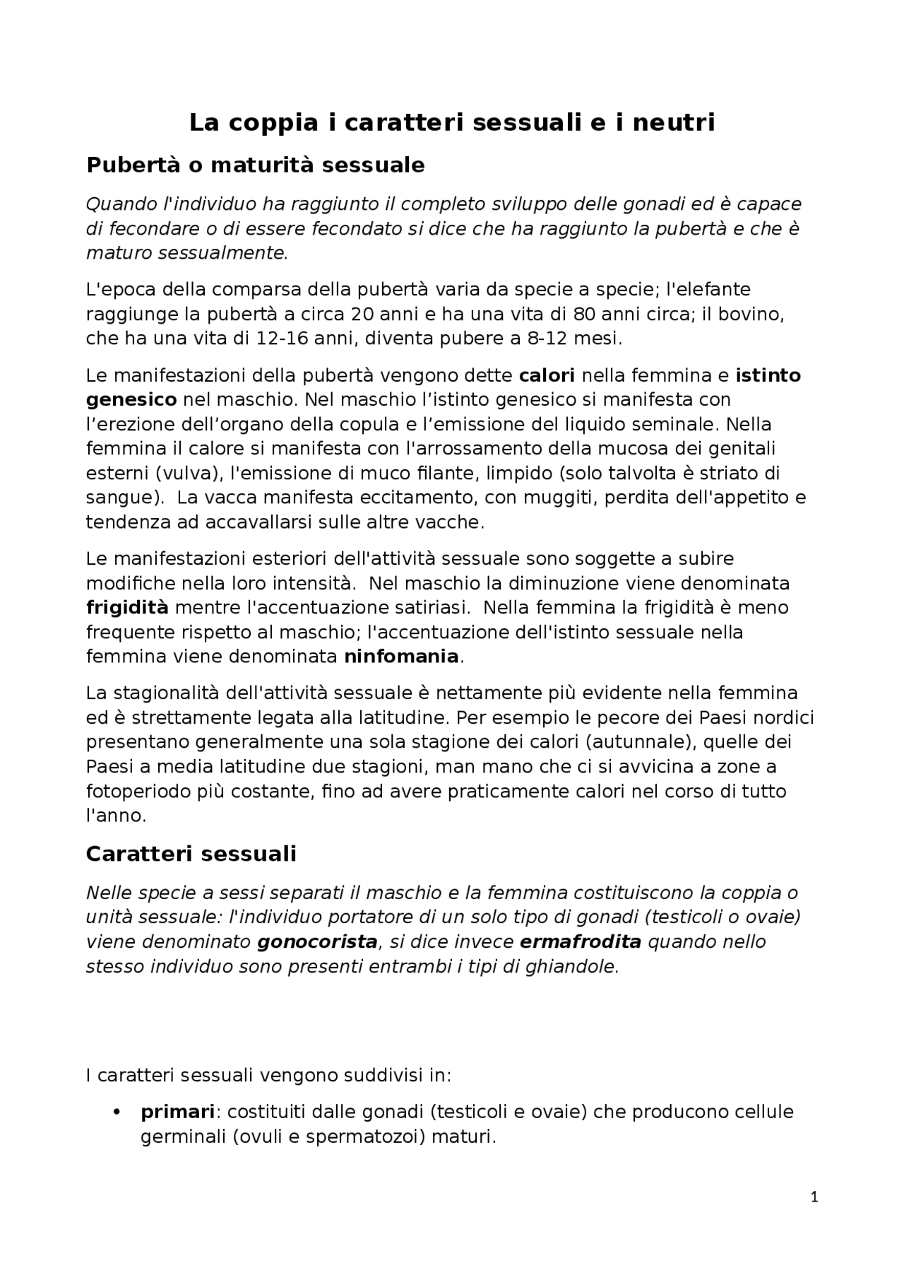 La coppia i caratteri sessuali e i neutri - Docsity