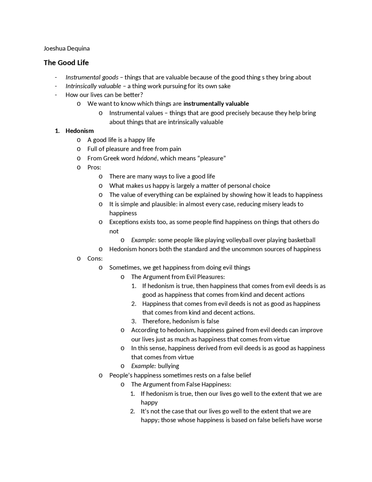 The Good Life Outline | Transcriptions Ethics | Docsity