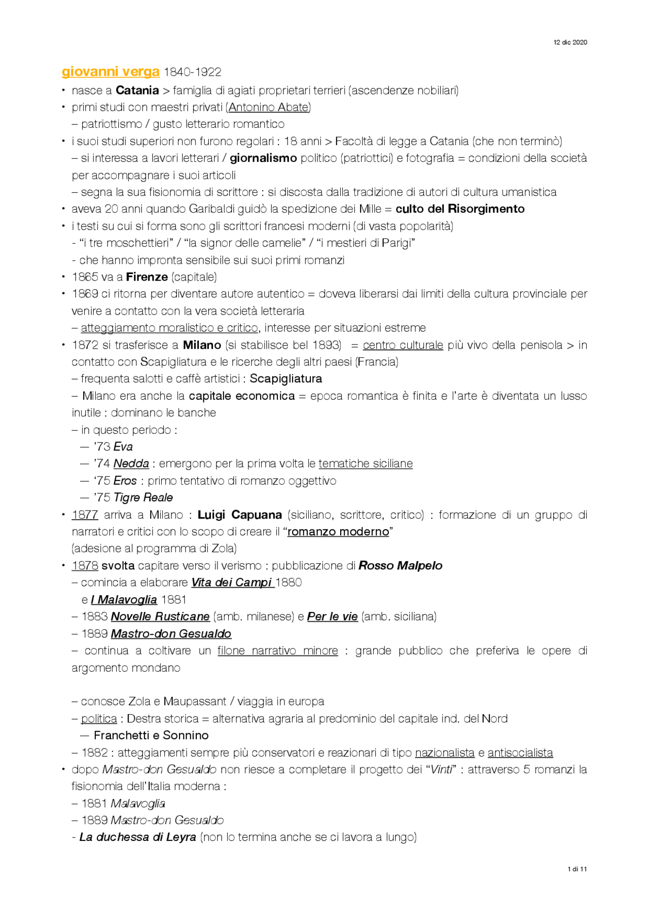 Appunti sul VERISMO e VERGA – letteratura italiana - Docsity