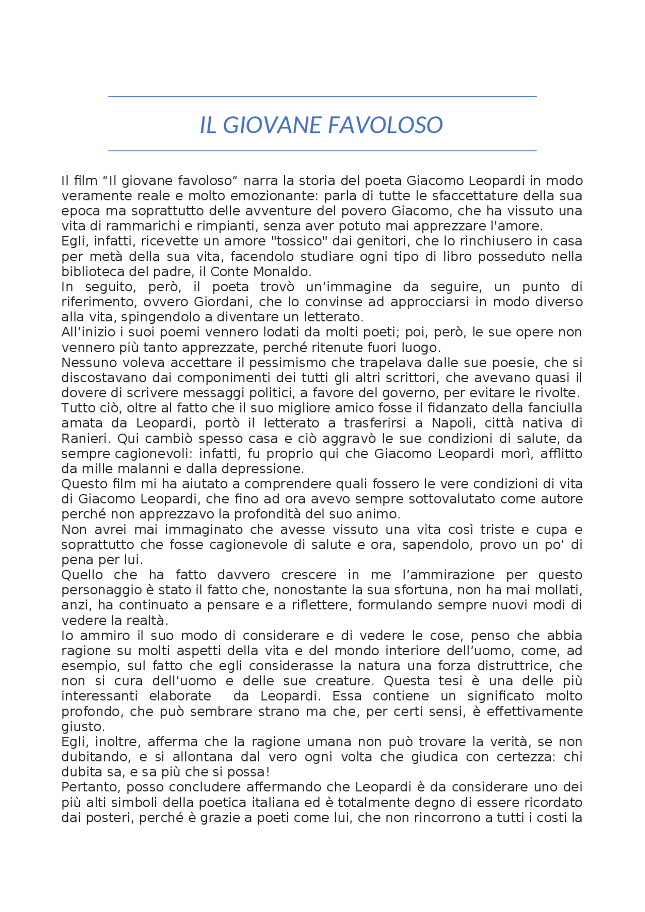 Recensione - Il giovane favoloso - Docsity