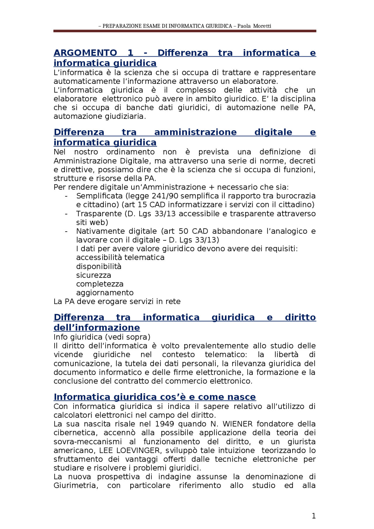 PREPARAZIONE ESAME INFORMATICA GIURIDICA - Docsity