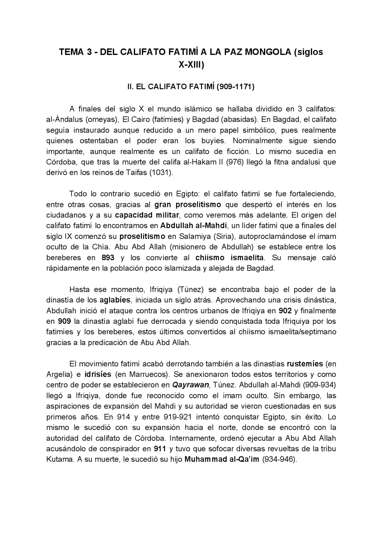 TEMA 3 - DEL CALIFATO FATIMÍ A LA PAZ MONGOLA - Docsity