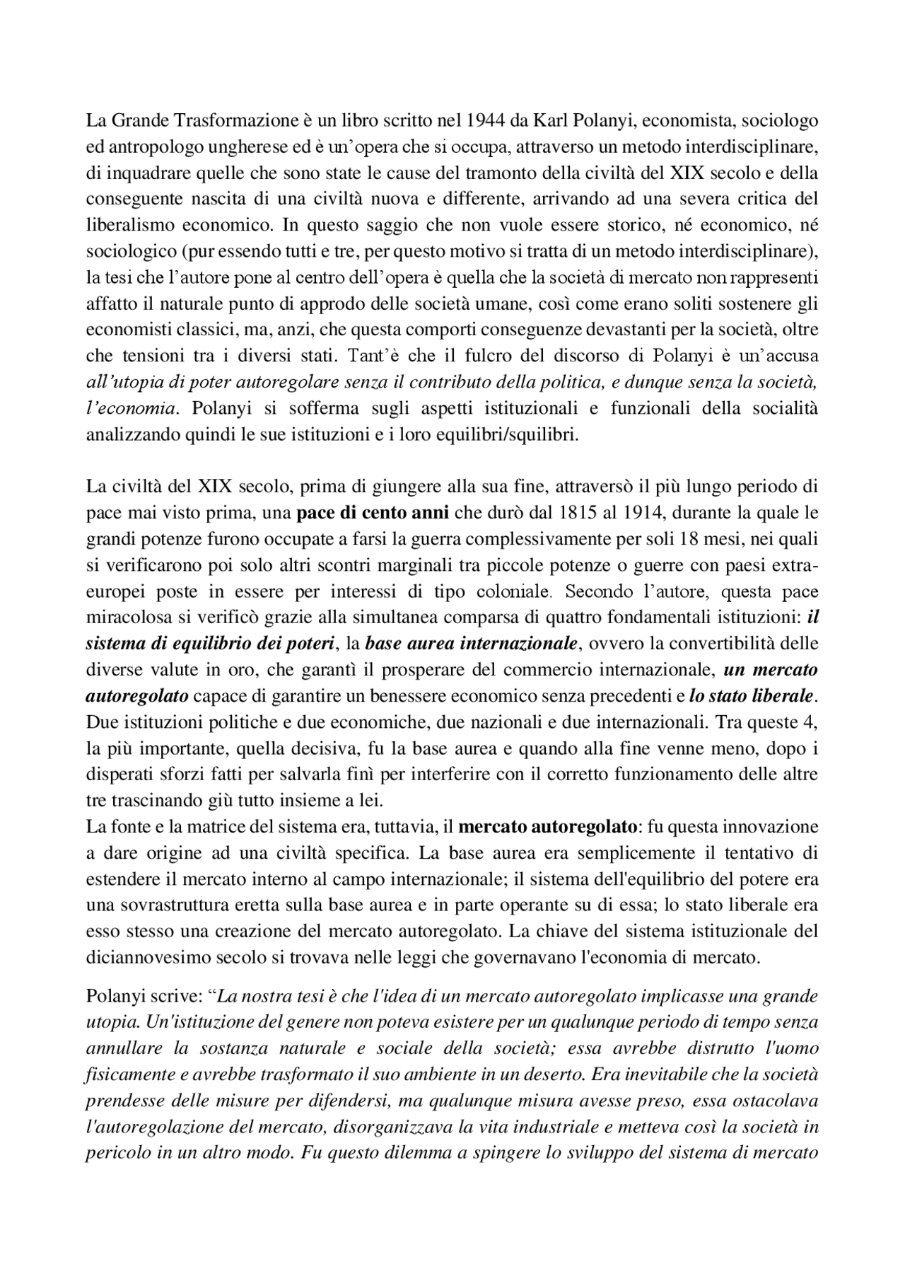 Recensione La Grande Trasformazione Di Karl Polanyi Docsity