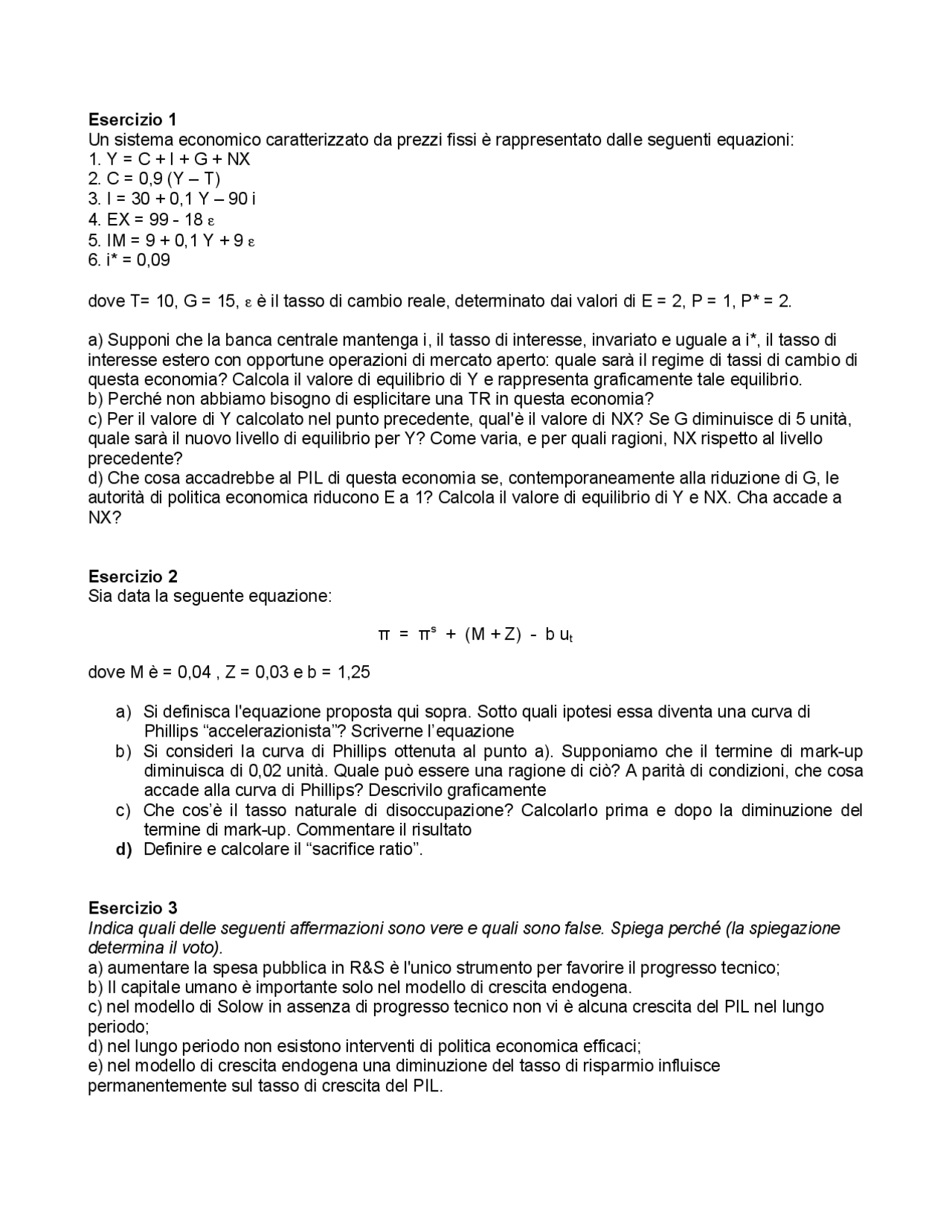 Simulazione Esame Macroeconomia 2 Docsity